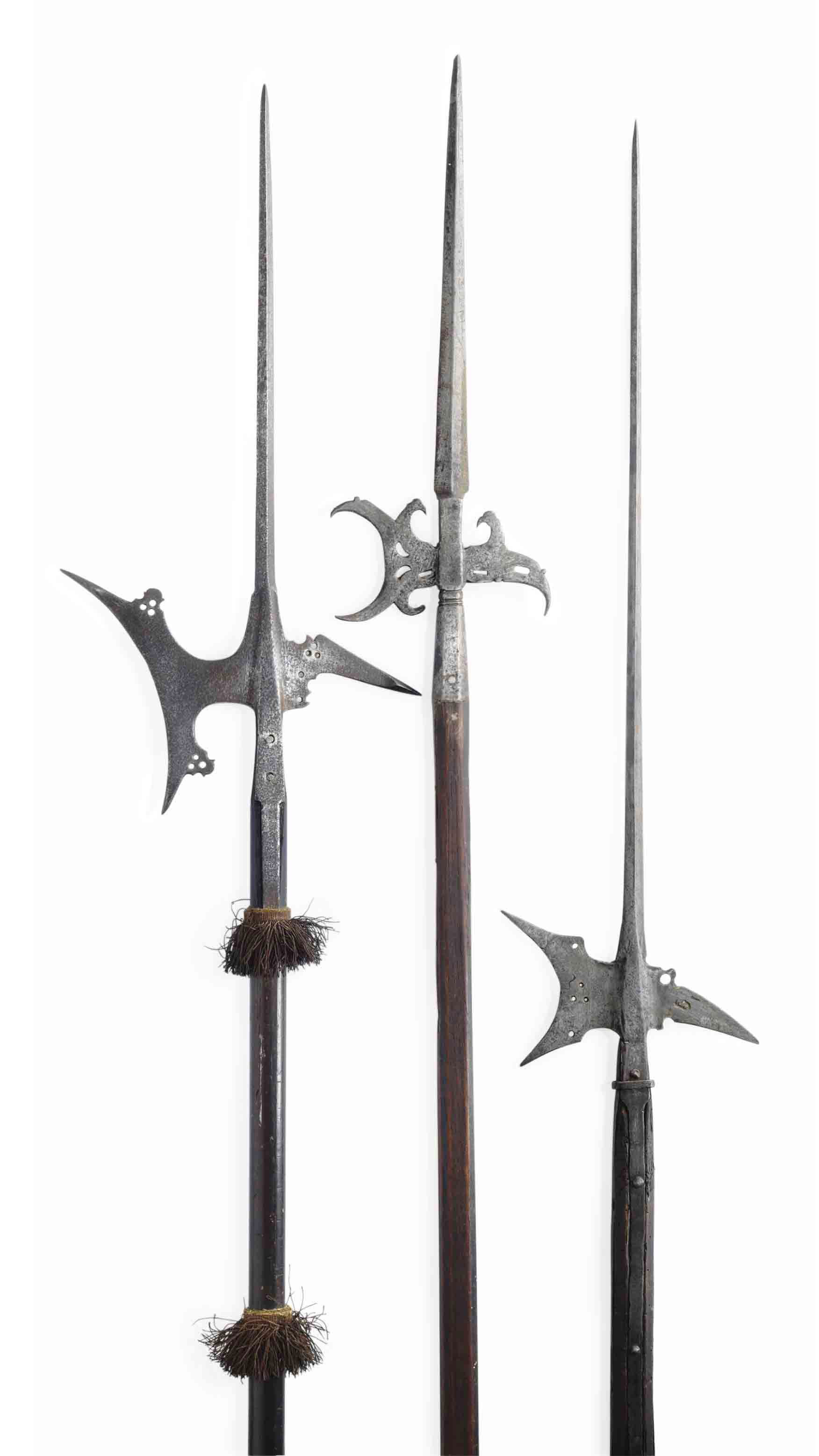 A HALBERD AND THREE DECORATIVE HALBERDS