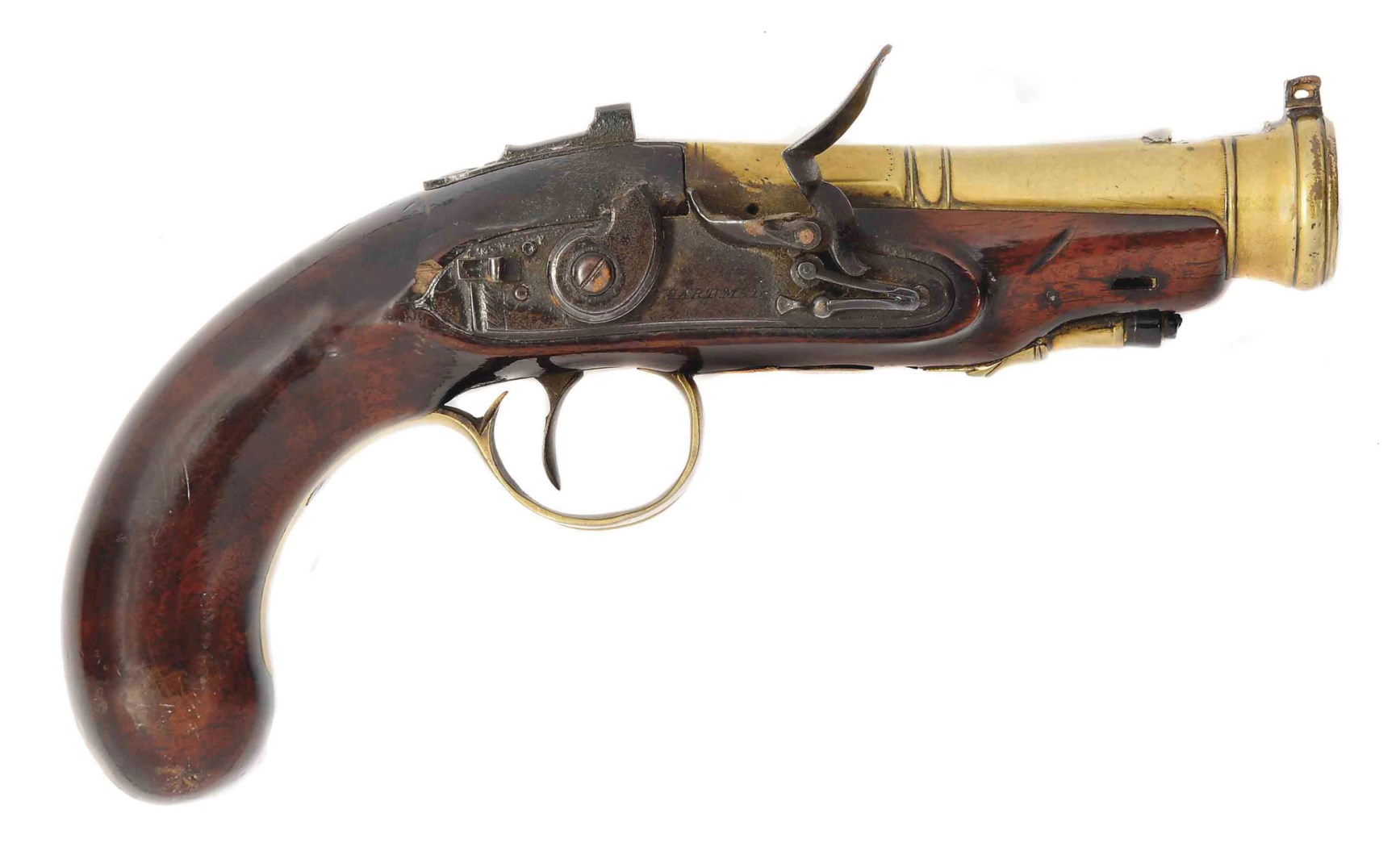 A BRASS-BARRELLED FLINTLOCK BLUNDERBUSS PISTOL , SIGNED CARTMELL ...