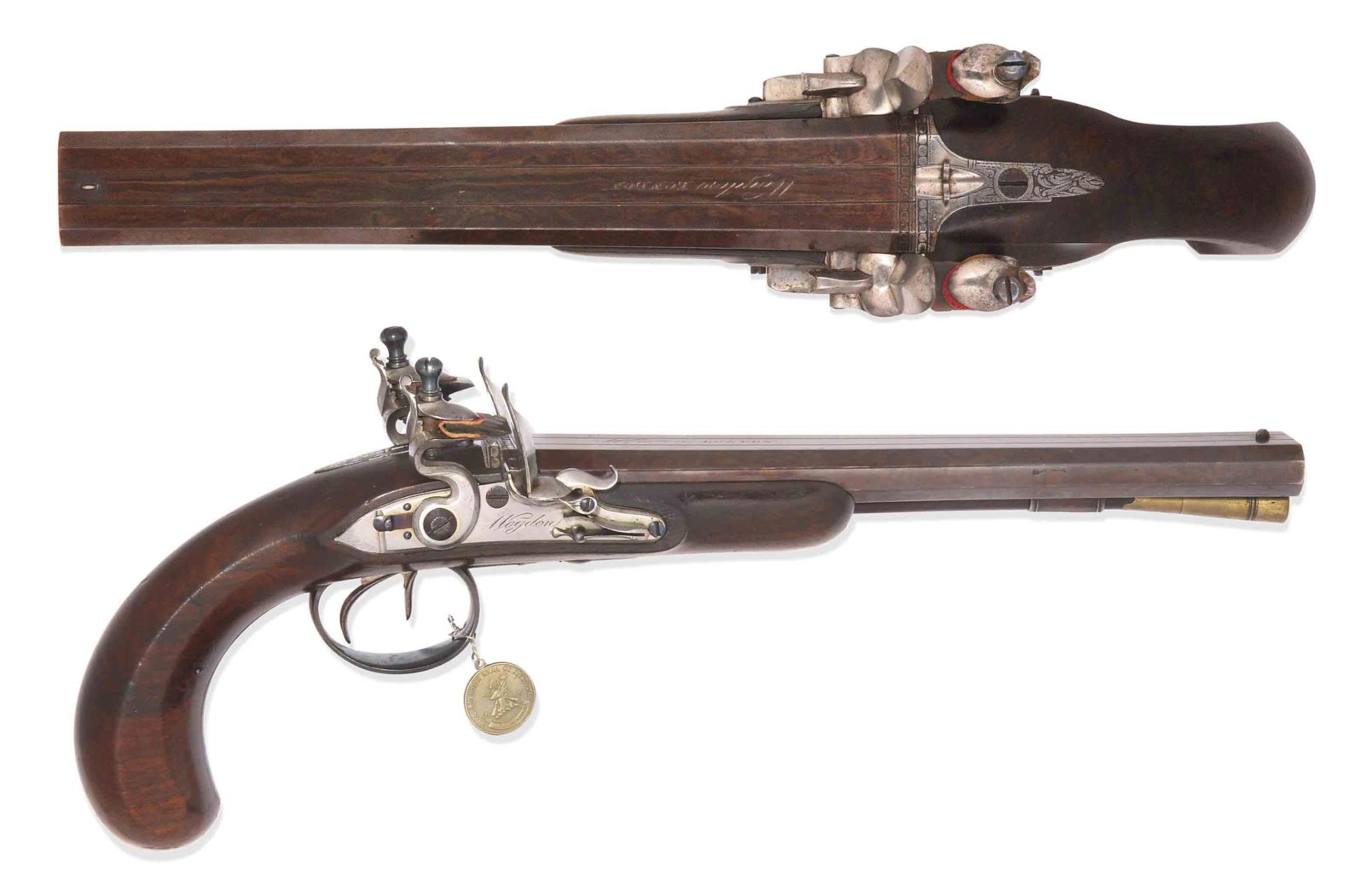 A PAIR OF 26-BORE DOUBLE-BARRELLED FLINTLOCK PISTOLS, BY ROBERT WOGDON ...
