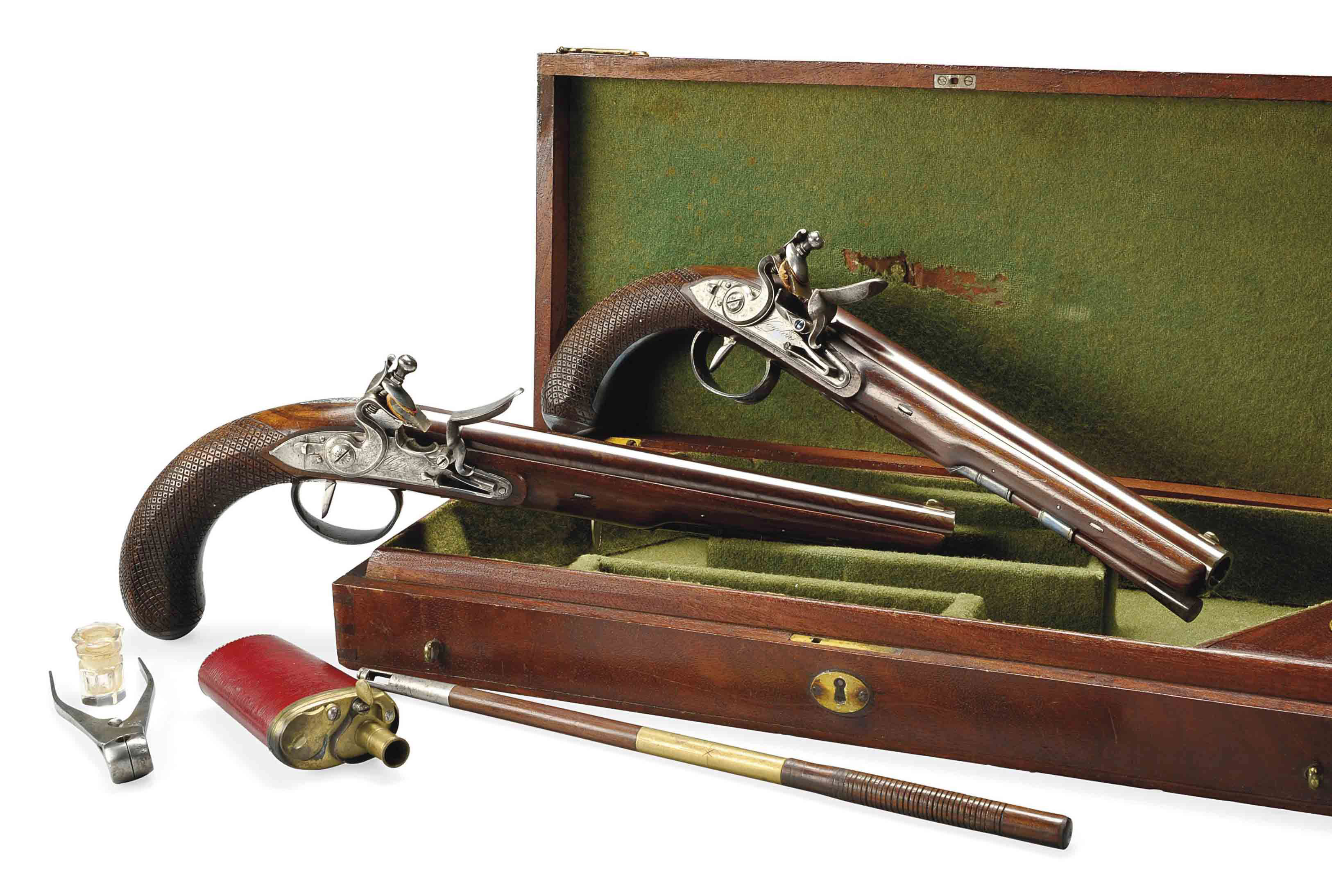 A CASED PAIR OF 32-BORE FLINTLOCK DUELLING PISTOLS