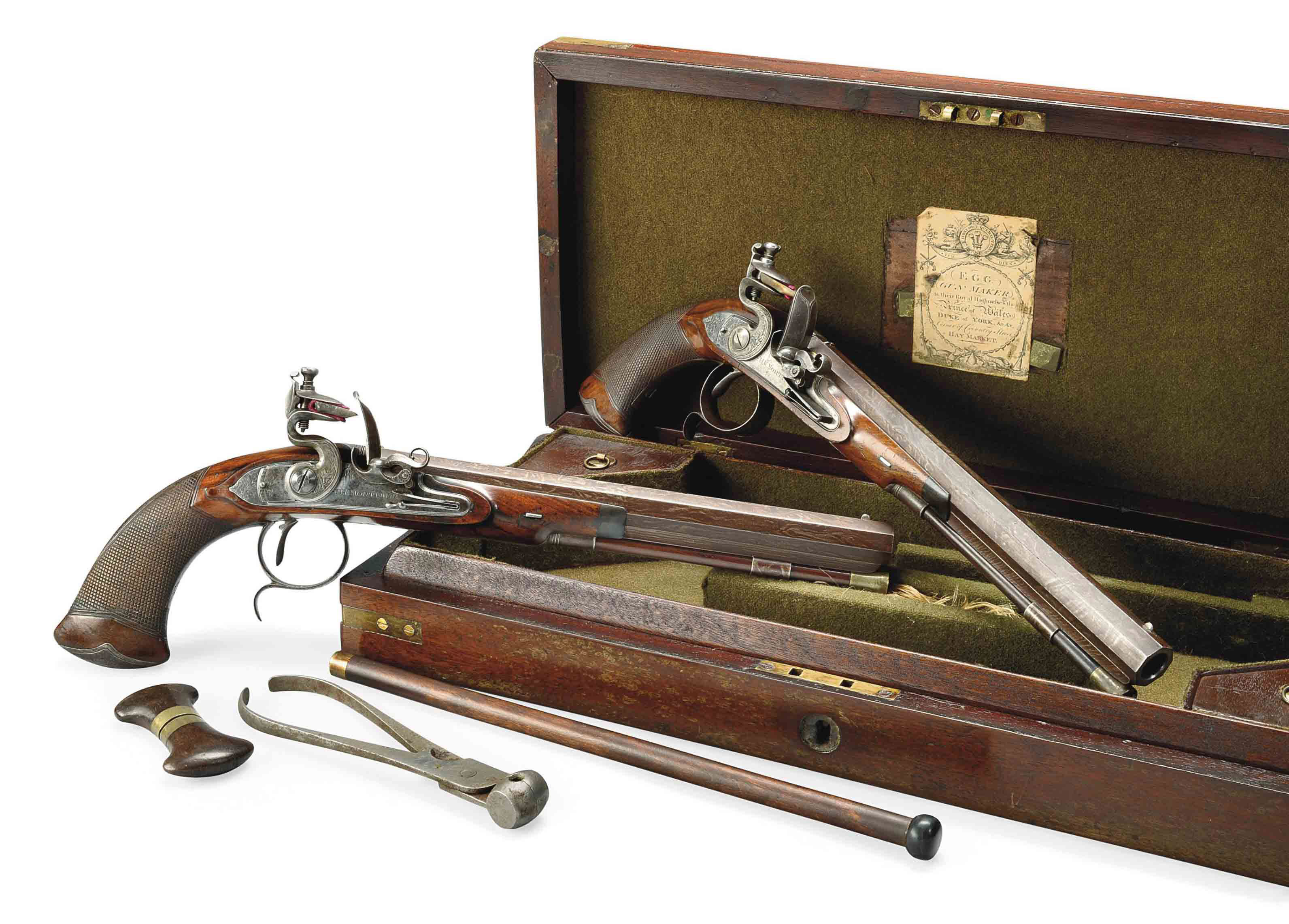 A CASED PAIR OF 32-BORE FLINTLOCK DUELLING PISTOLS