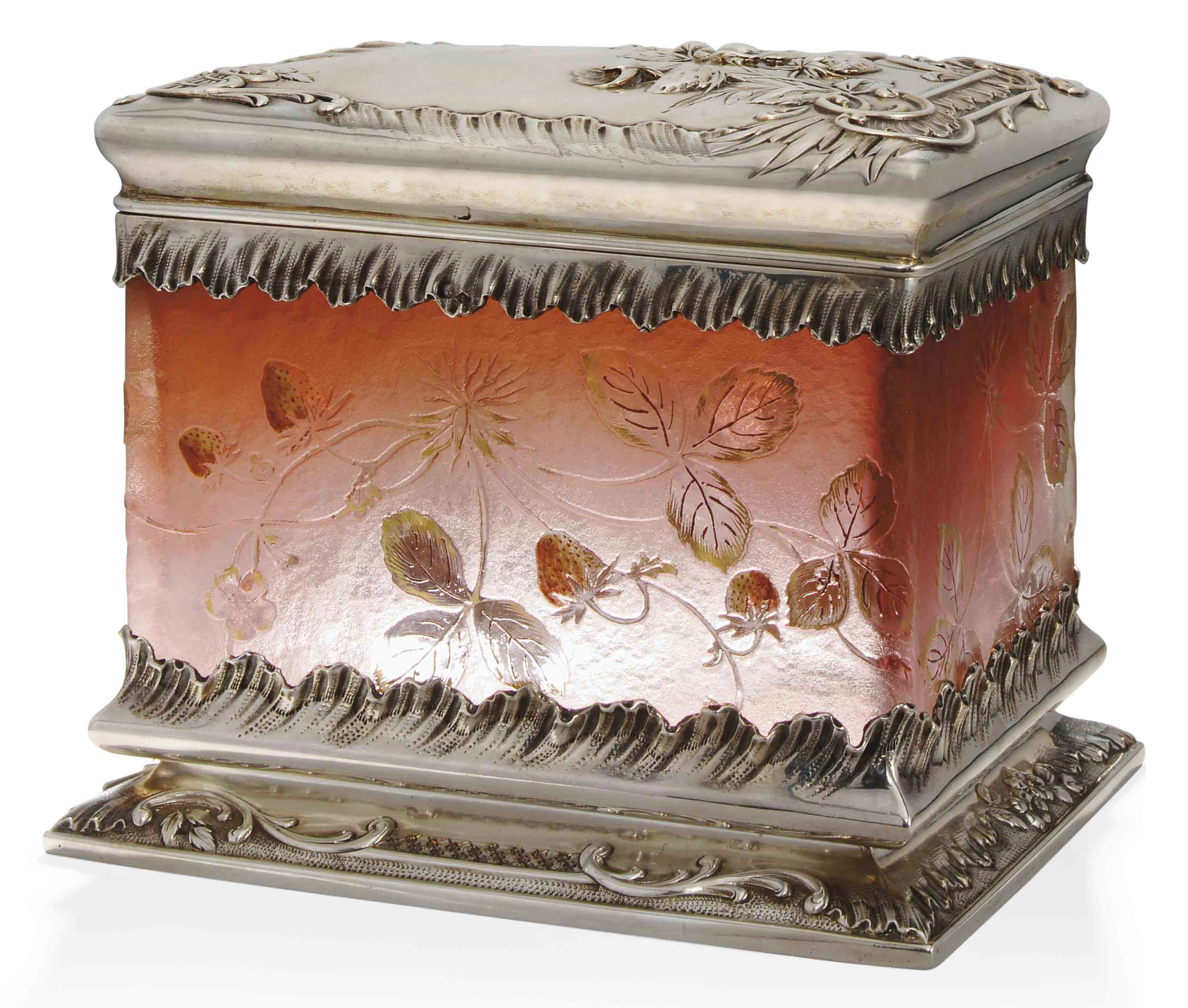 A DAUM GLASS BOX WITH SILVER COVER AND MOUNTS