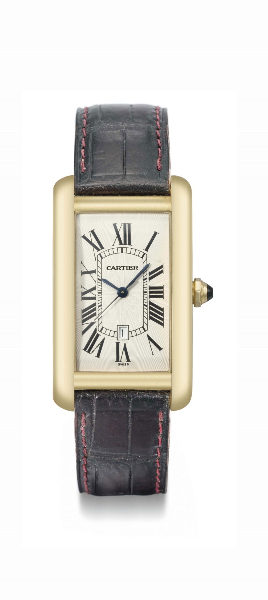 Cartier. An 18K gold automatic rectangular curved wristwatch with sweep ...