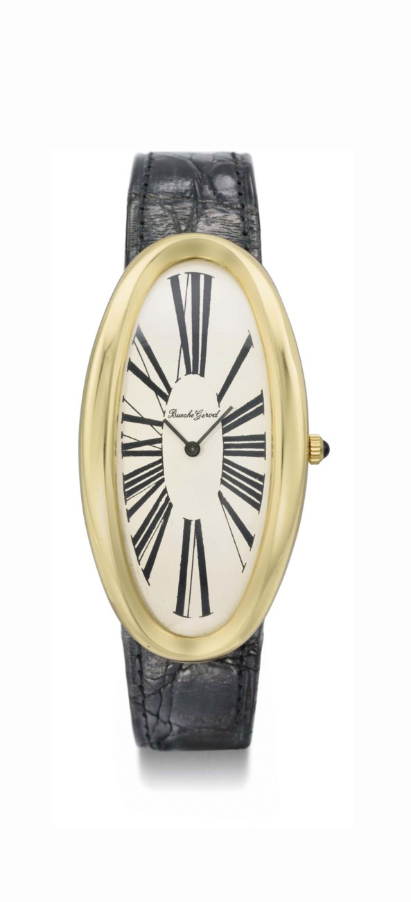 Bueche Girod. An unusual oversized 18K gold oval curved wristwatch ...