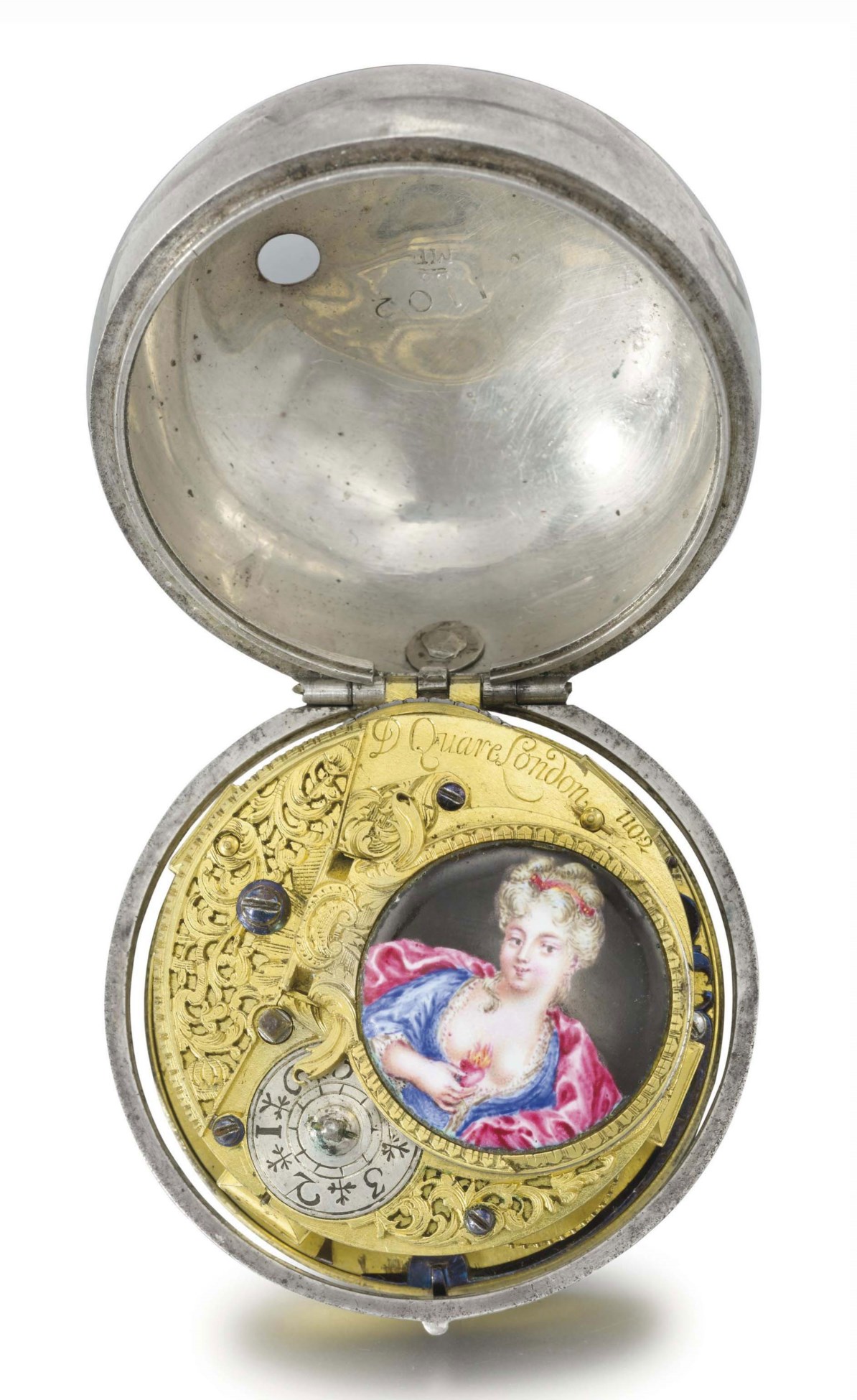 Quare. A rare silver openface verge watch with enamel miniature ...