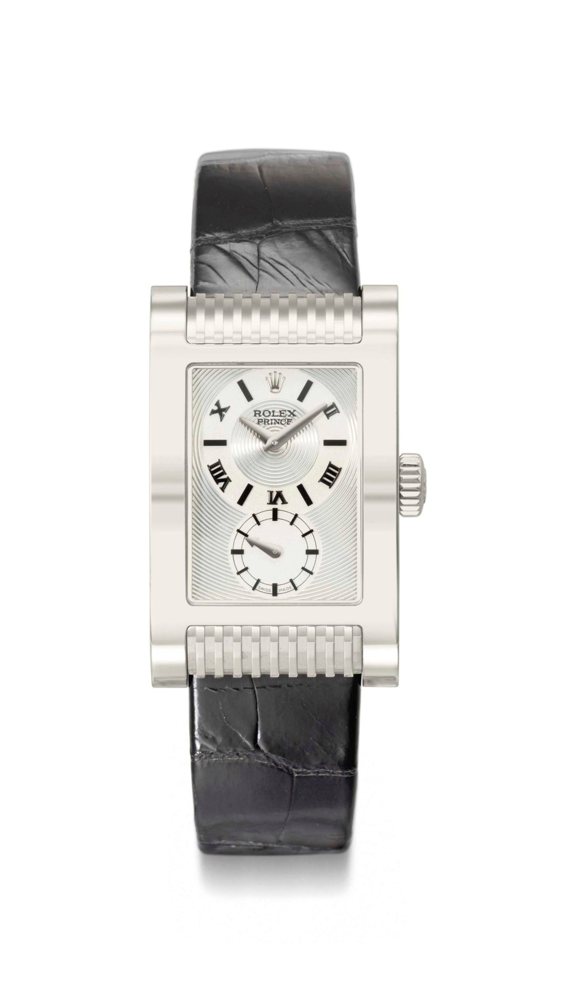 Rolex. An 18K white gold rectangular curved wristwatch