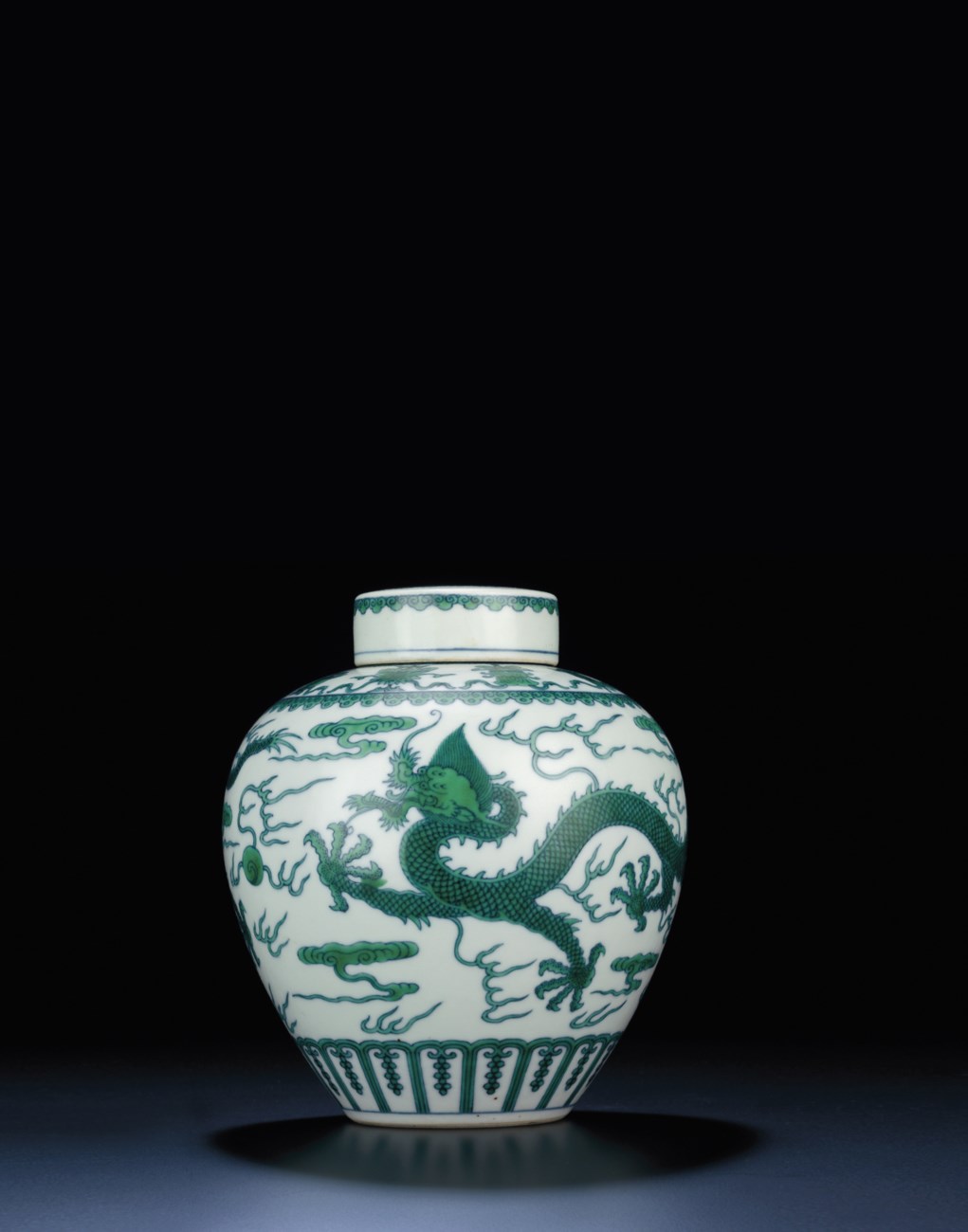 A GREEN-ENAMELLED 'DRAGON' JAR AND COVER, QIANLONG SIX-CHARACTER ...