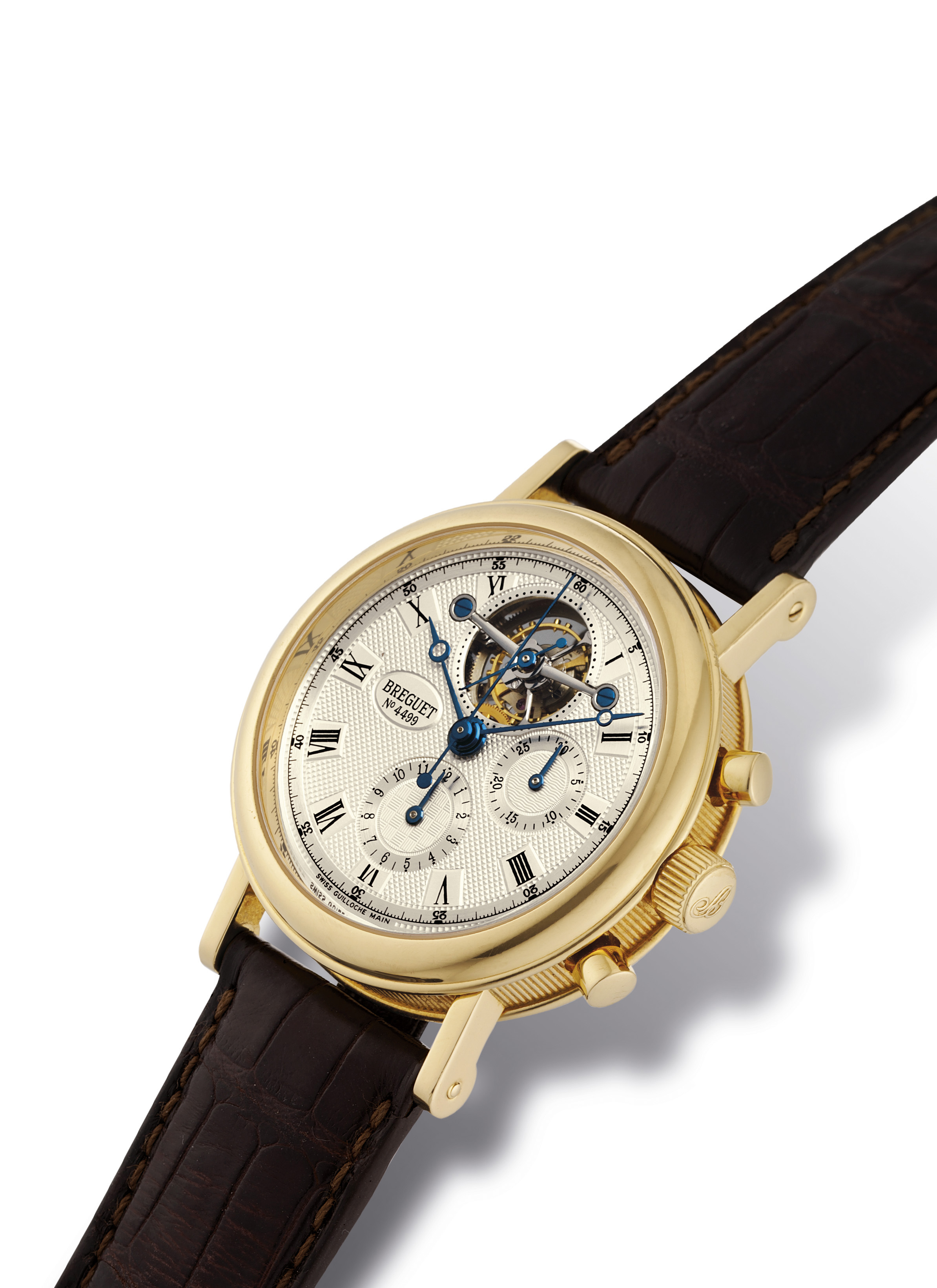 BREGUET. A FINE AND RARE 18K GOLD TOURBILLON CHRONOGRAPH WRISTWATCH