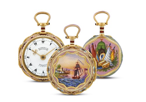 MARKWICK MARKHAM. A RARE 18K GOLD AND ENAMEL PAIR CASE VERGE WATCH ...