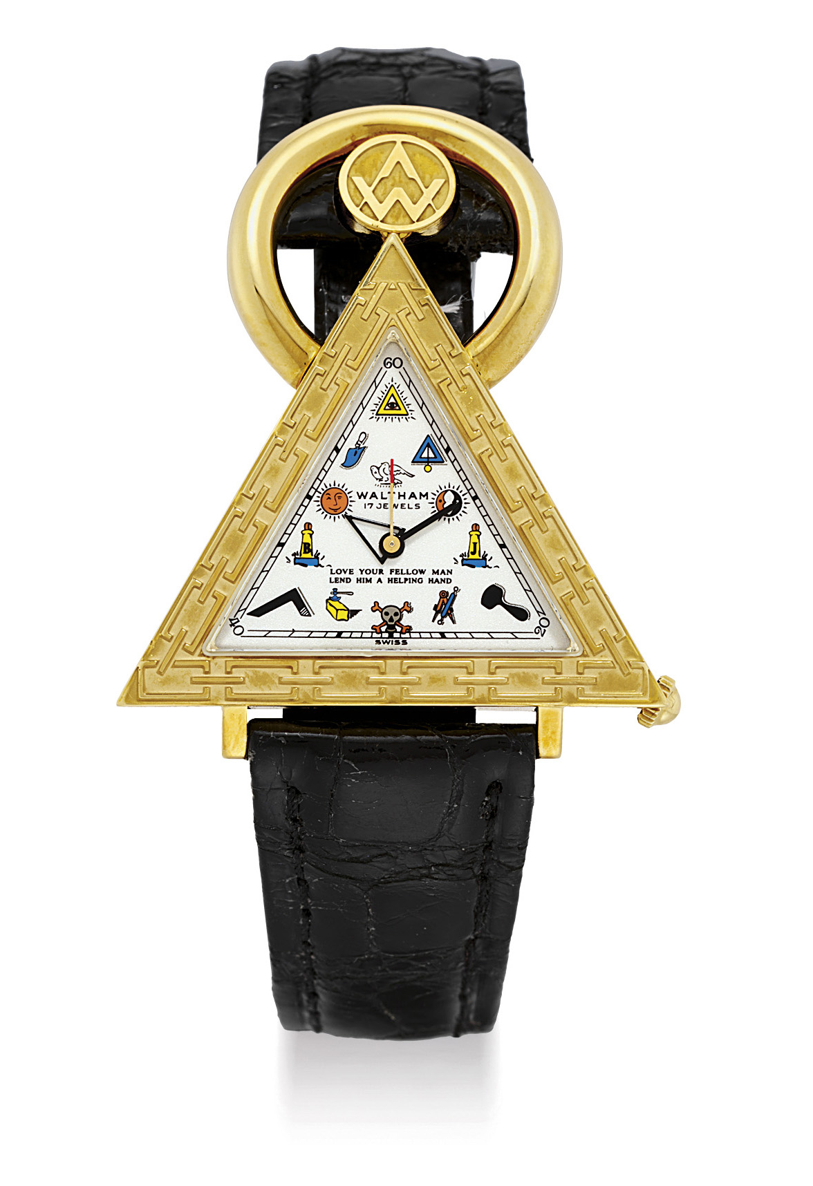 WALTHAM. AN 18K GOLD TRIANGULAR MASONIC WRISTWATCH