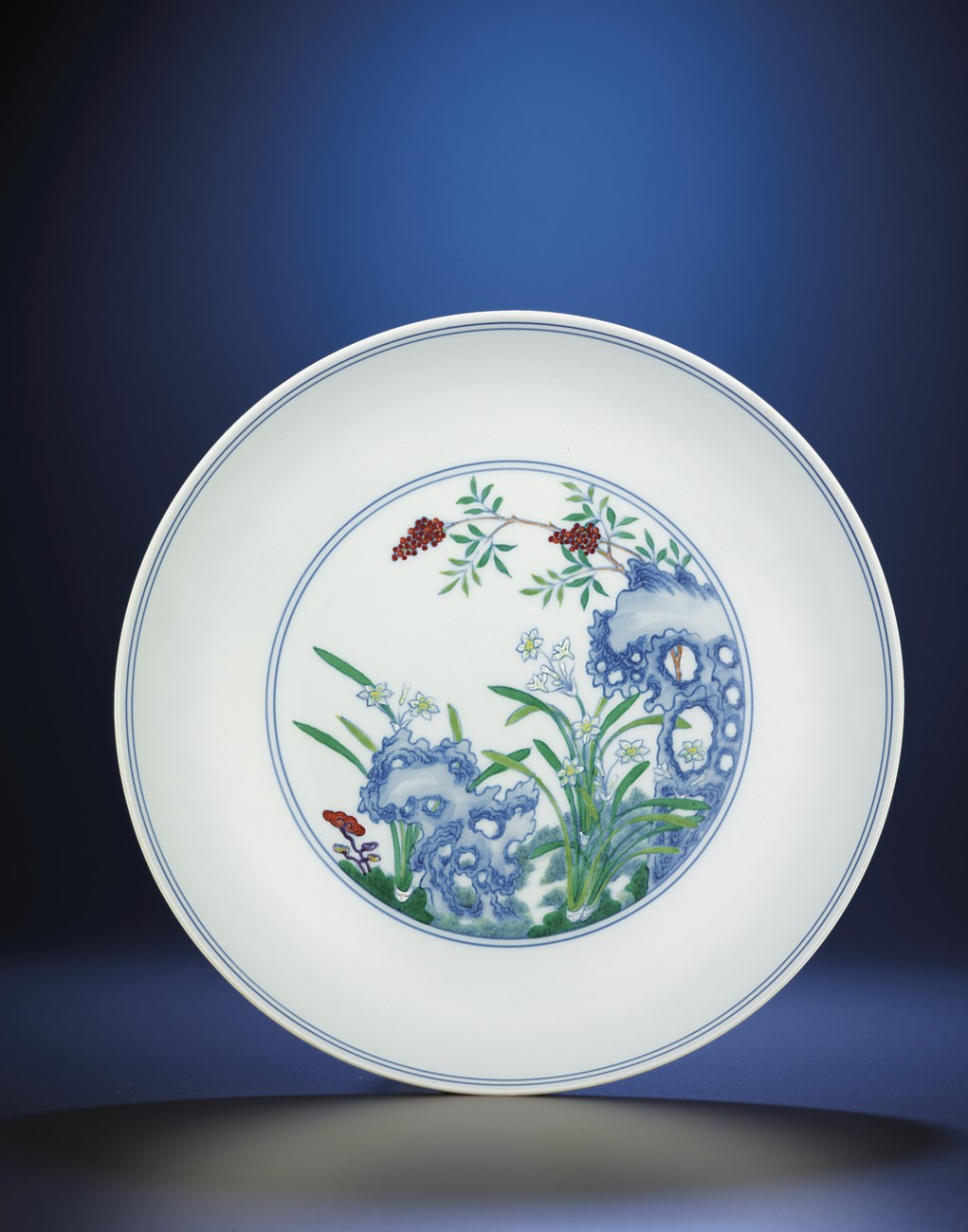 A FINE AND RARE DOUCAI 'NARCISSUS' DISH , YONGZHENG SIX-CHARACTER MARK ...