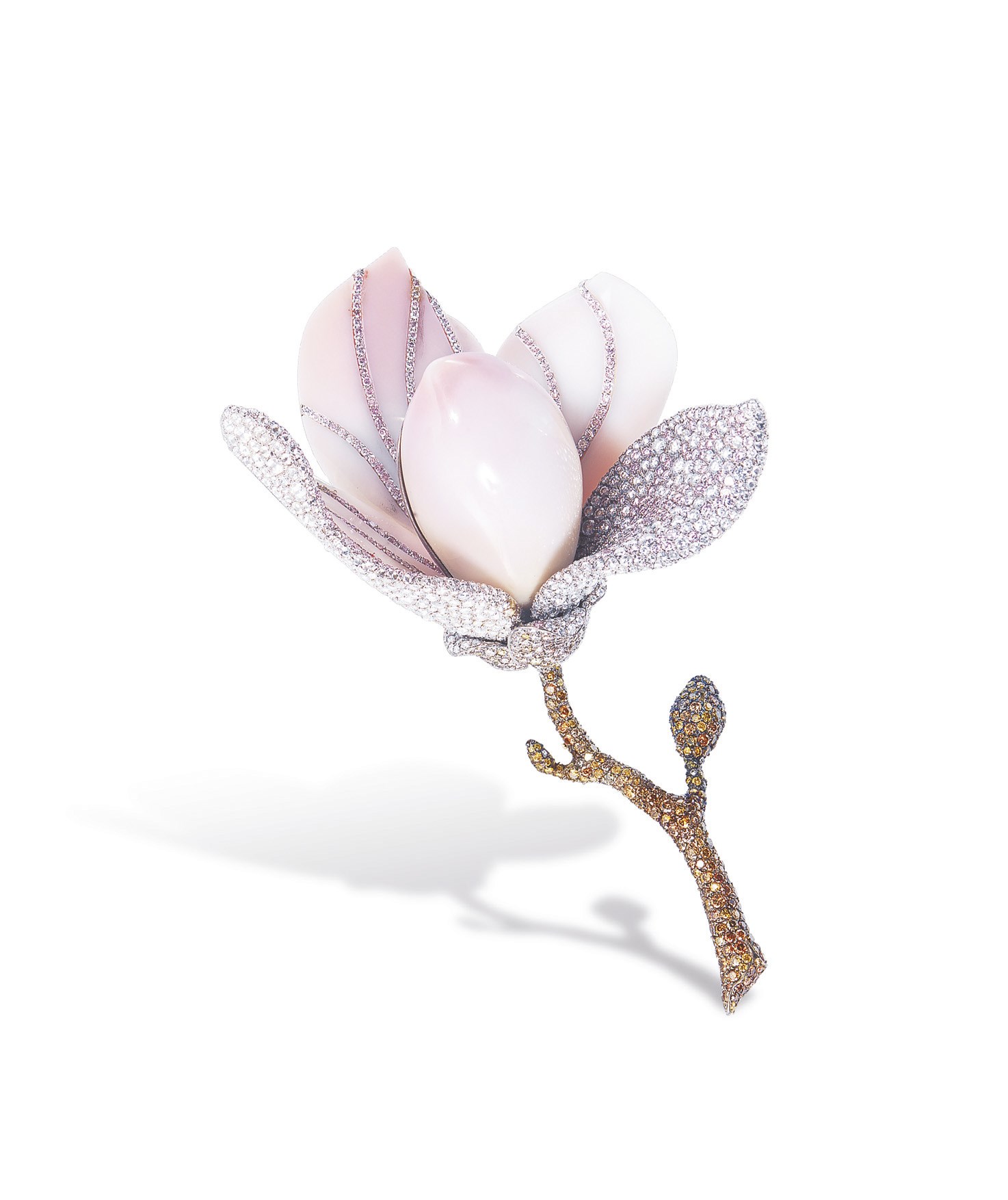 A RARE CONCH PEARL, COLOURED DIAMOND AND DIAMOND BROOCH, BY ETCETERA