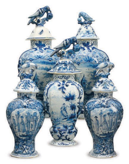 AN ASSEMBLED FIVE PIECE DUTCH DELFT BLUE AND WHITE GARNITURE OF ...