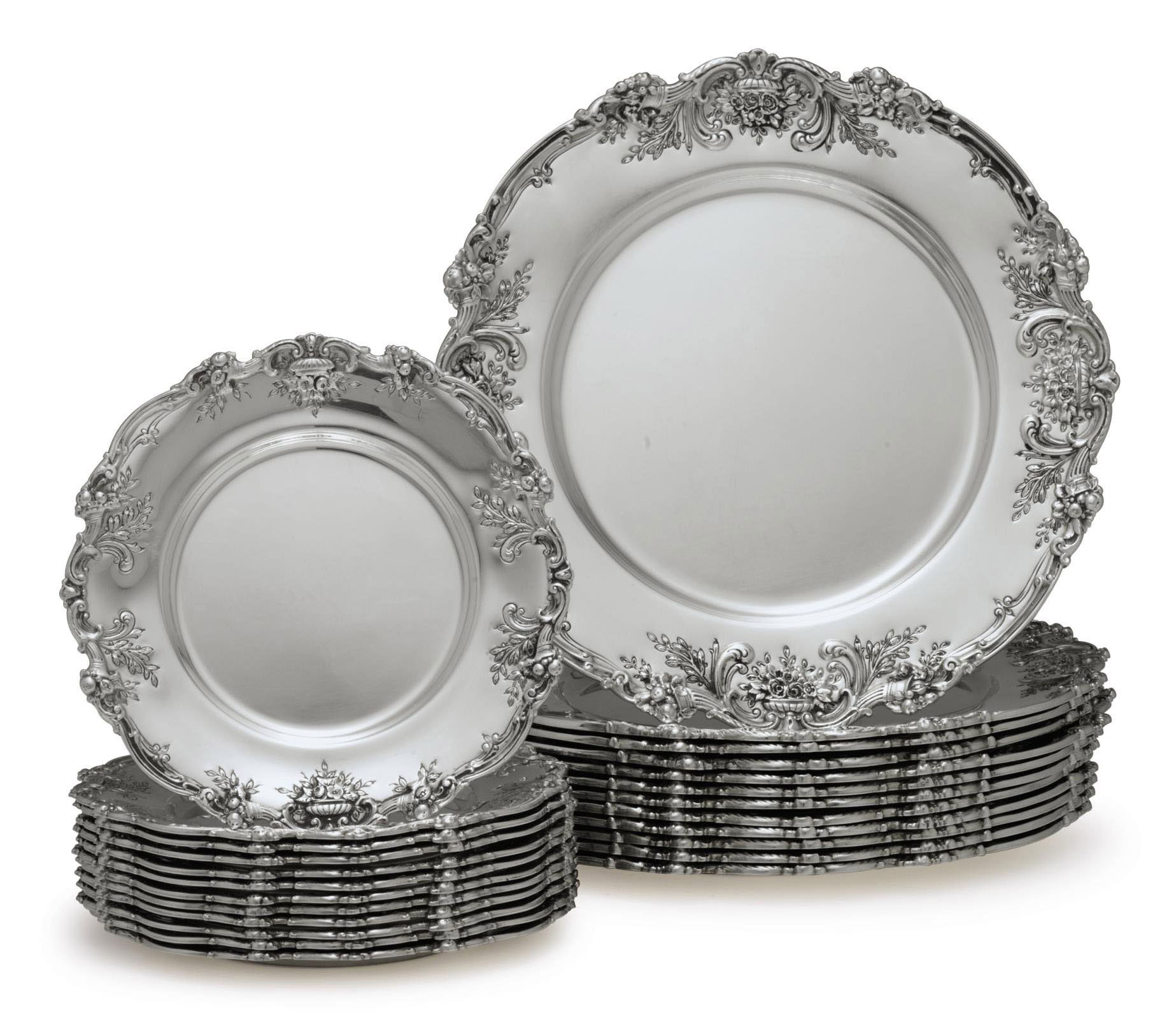 A SET OF TWELVE SILVER DINNER PLATES AND TWELVE SILVER BREAD PLATES ...