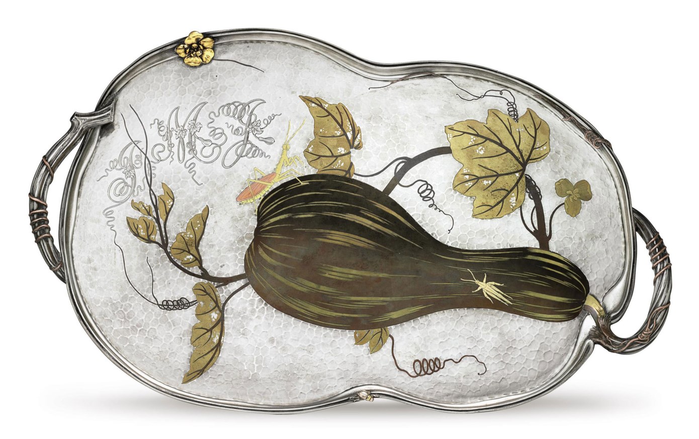A MAGNIFICENT SILVER AND MIXED-METAL GOURD-FORM TRAY DESIGNED BY EDWARD ...