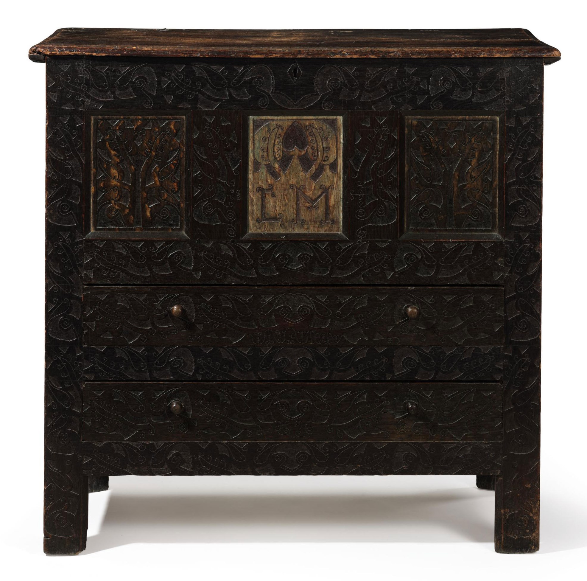 A CARVED AND PAINTED OAK "HADLEY" CHEST WITH TWO DRAWERS , HAMPSHIRE ...