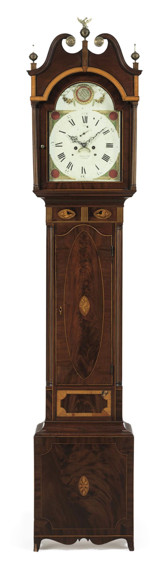 A FEDERAL INLAID MAHOGANY TALL-CASE CLOCK , THE DIAL SIGNED BY JOAKIM HILL (1783-1896 ...