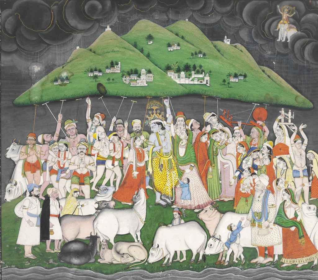 A painting of Krishna lifting Mount Govardhan , NORTH INDIA, PAHARI ...