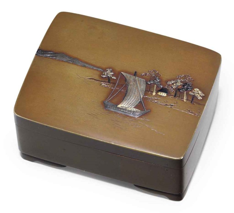 A small bronze and mixed-metal box with hinged cover , MEIJI PERIOD ...