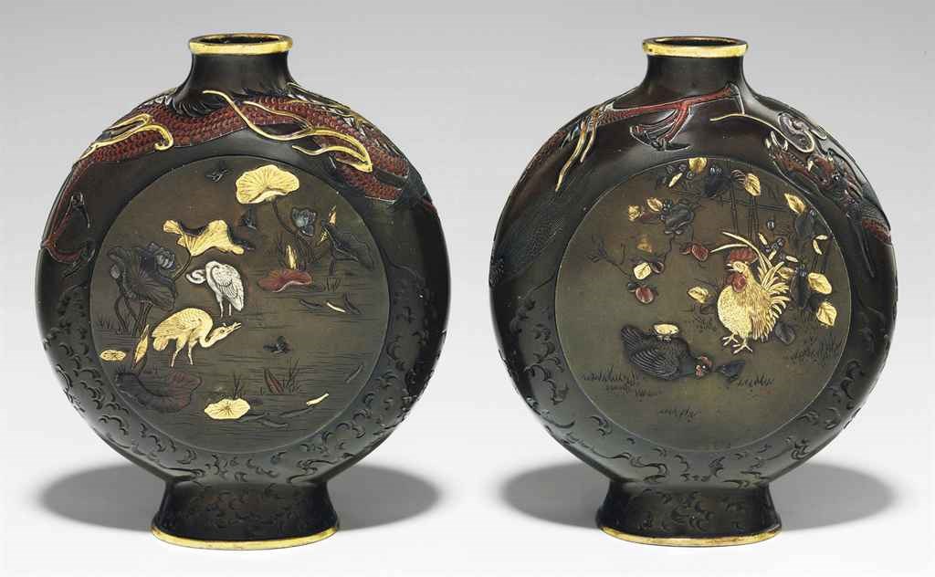 A pair of inlaid-bronze moon flasks , MEIJI PERIOD (LATE 19TH CENTURY ...