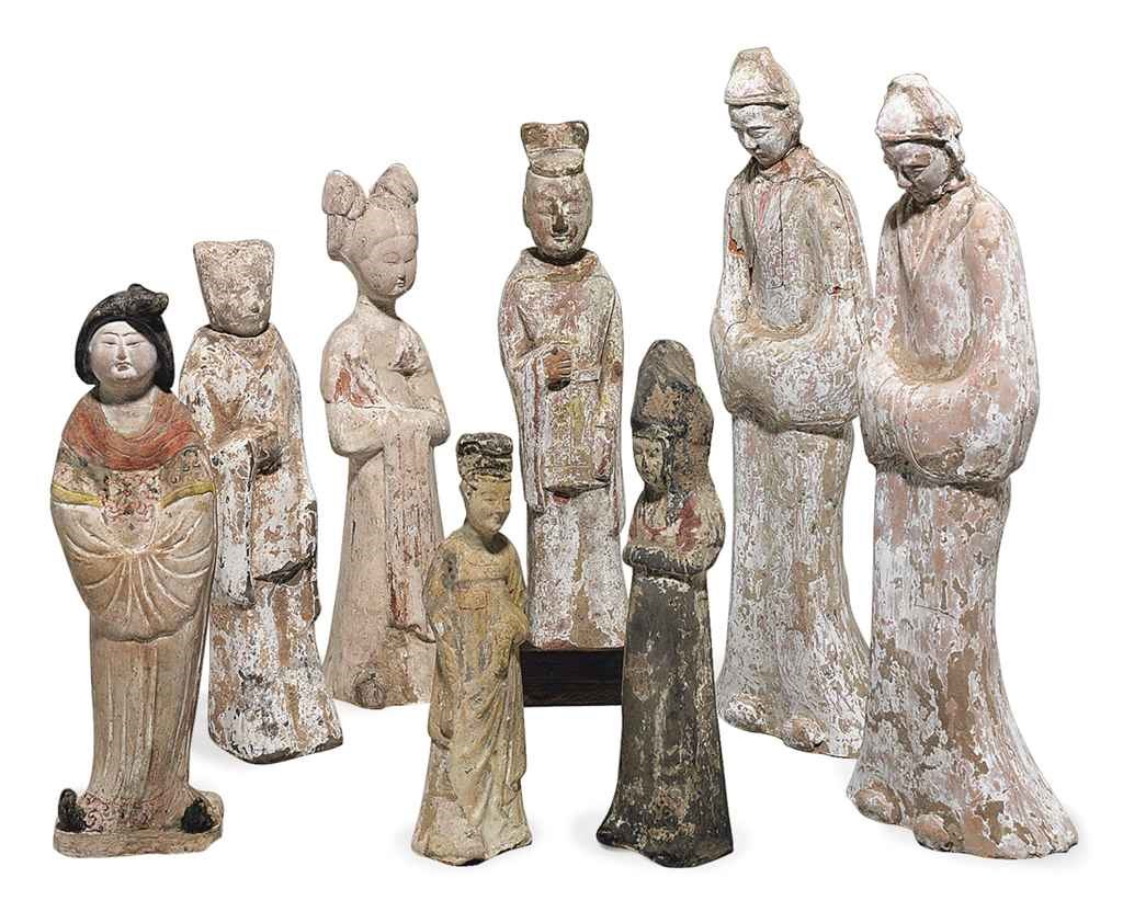 SIX CHINESE PAINTED POTTERY TOMB FIGURES, , VARIOUS DATES, | Christie's