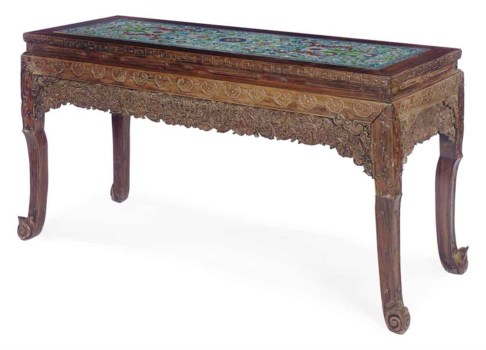A CHINESE HARDWOOD AND CLOISONNE ENAMEL-INSET TOP SIDE TABLE,