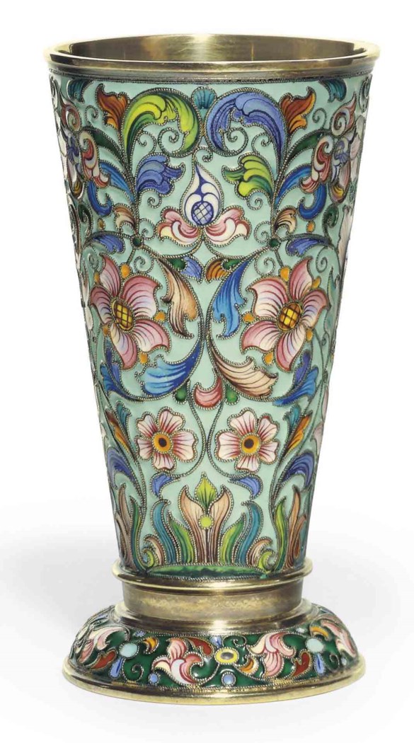 A Silver-Gilt and Cloisonné Enamel Beaker , MARKED OVCHINNIKOV WITH THE ...