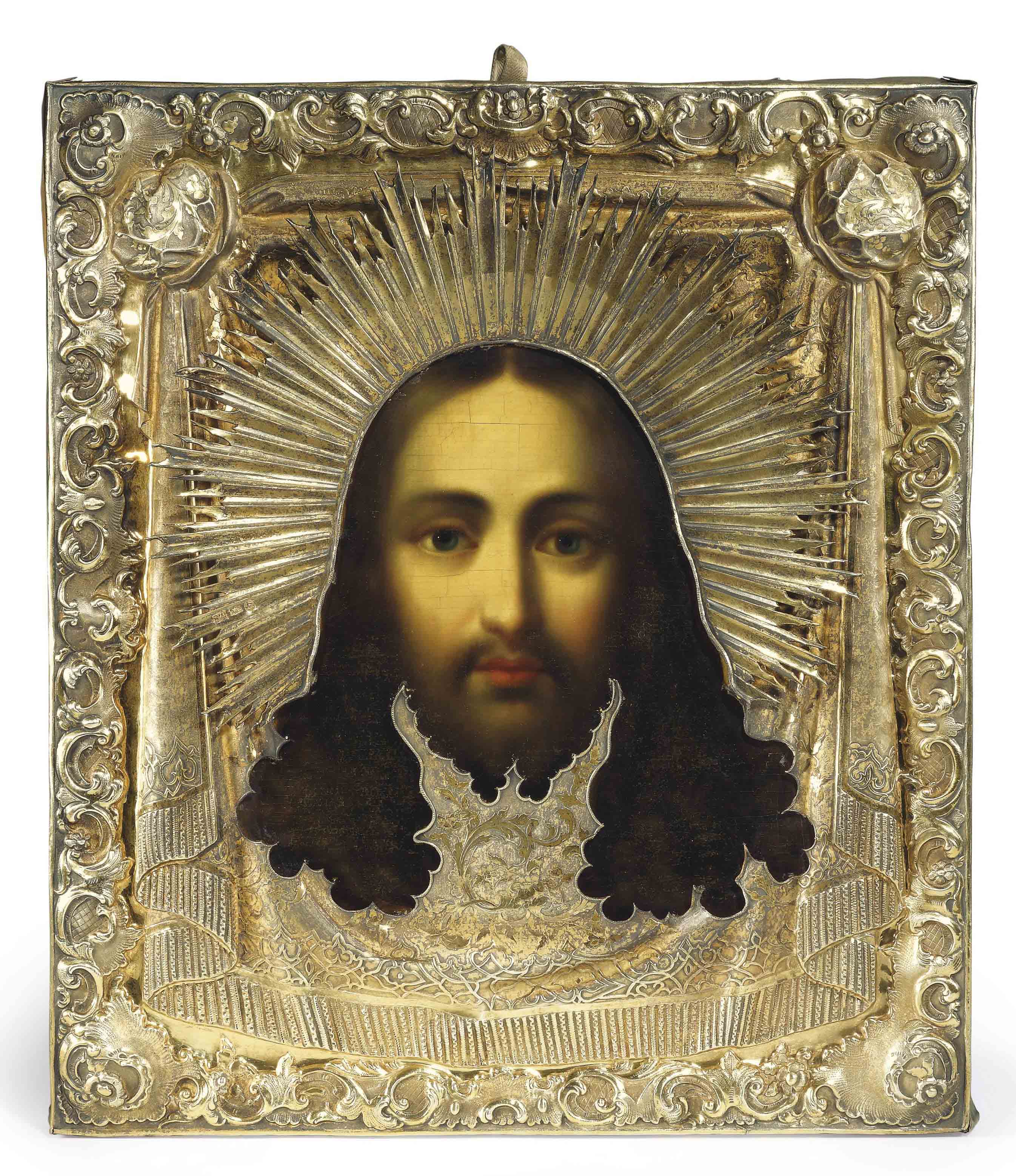 A Silver-Gilt Icon of the Mandylion , CYRILLIC MAKER'S MARKS 'AS' AND ...