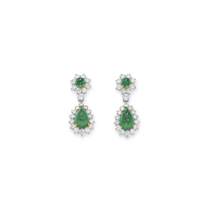 A PAIR OF EMERALD AND DIAMOND EAR PENDANTS | Christie's