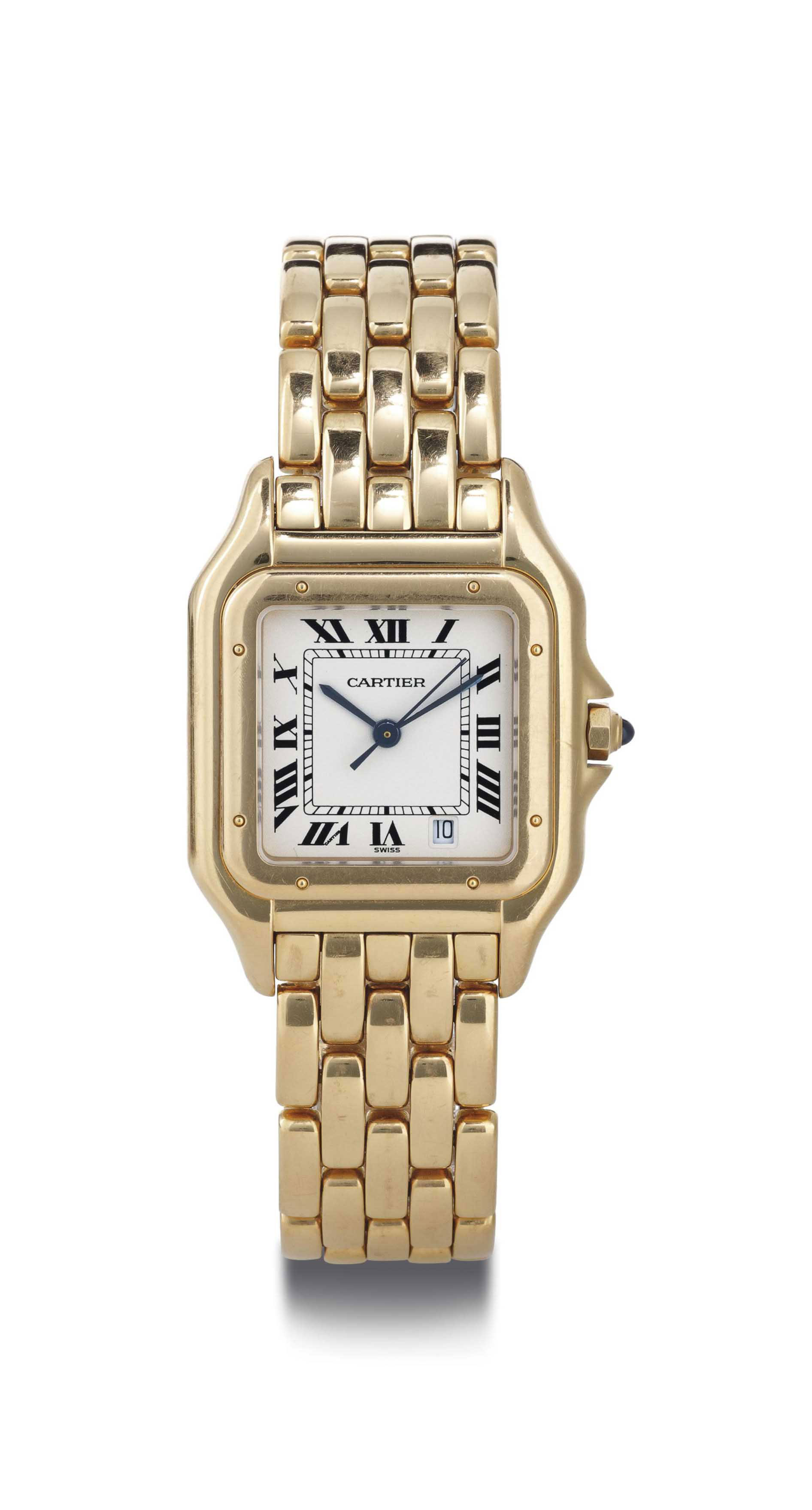 CARTIER. AN 18K GOLD SQUARE WRISTWATCH WITH DATE, CENTER SECONDS AND ...