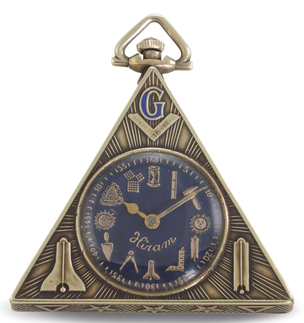 HIRAM WATCH CO. AN UNUSUAL 14K GOLD AND ENAMEL TRIANGULAR MASONIC ...