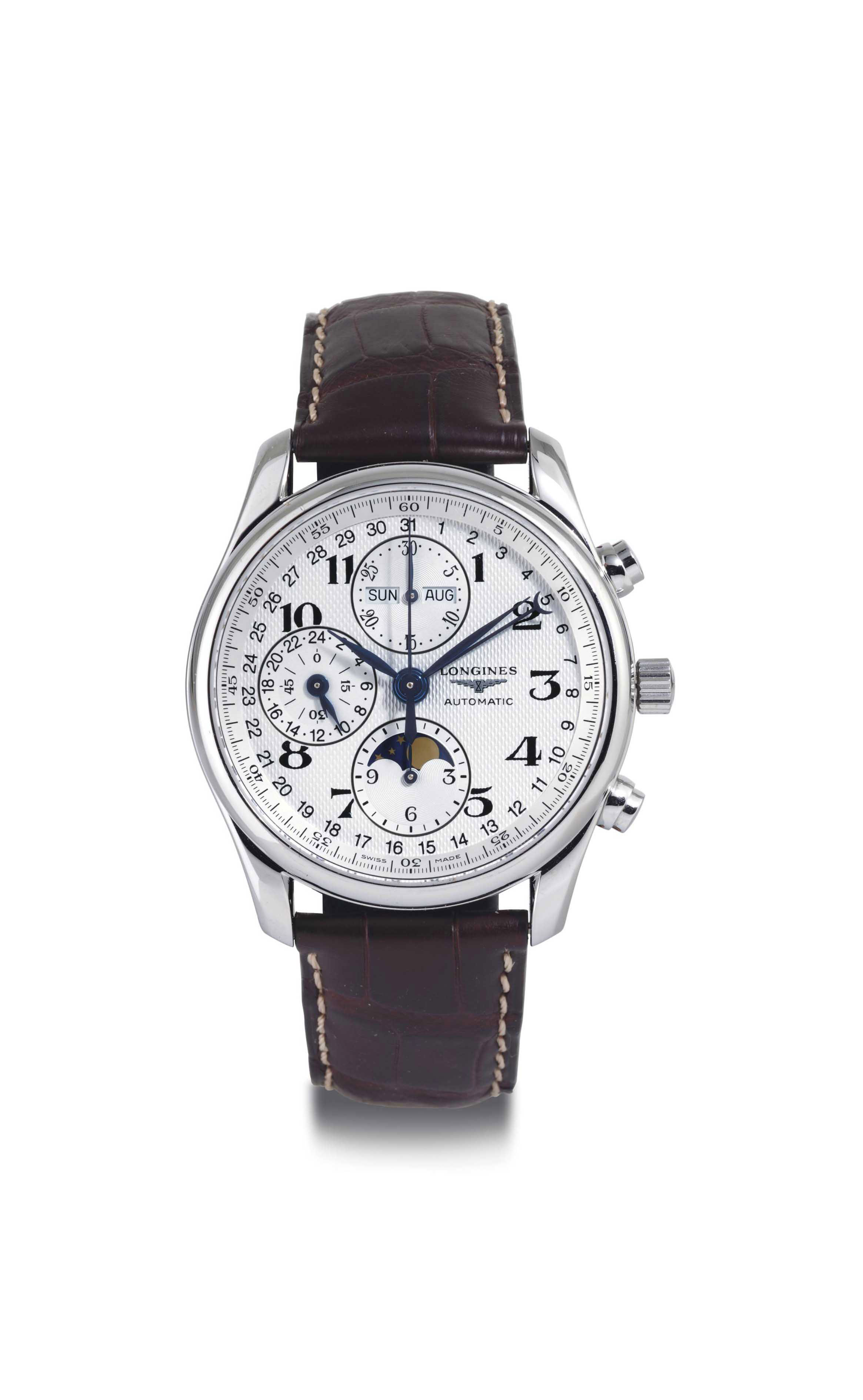 LONGINES. A STAINLESS STEEL AUTOMATIC CHRONOGRAPH WRISTWATCH WITH ...