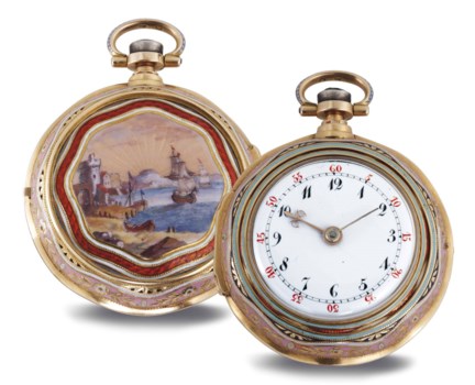 GEORGE PRIOR, A FINE 18K GOLD AND ENAMEL OPENFACE QUARTER REPEATING ...