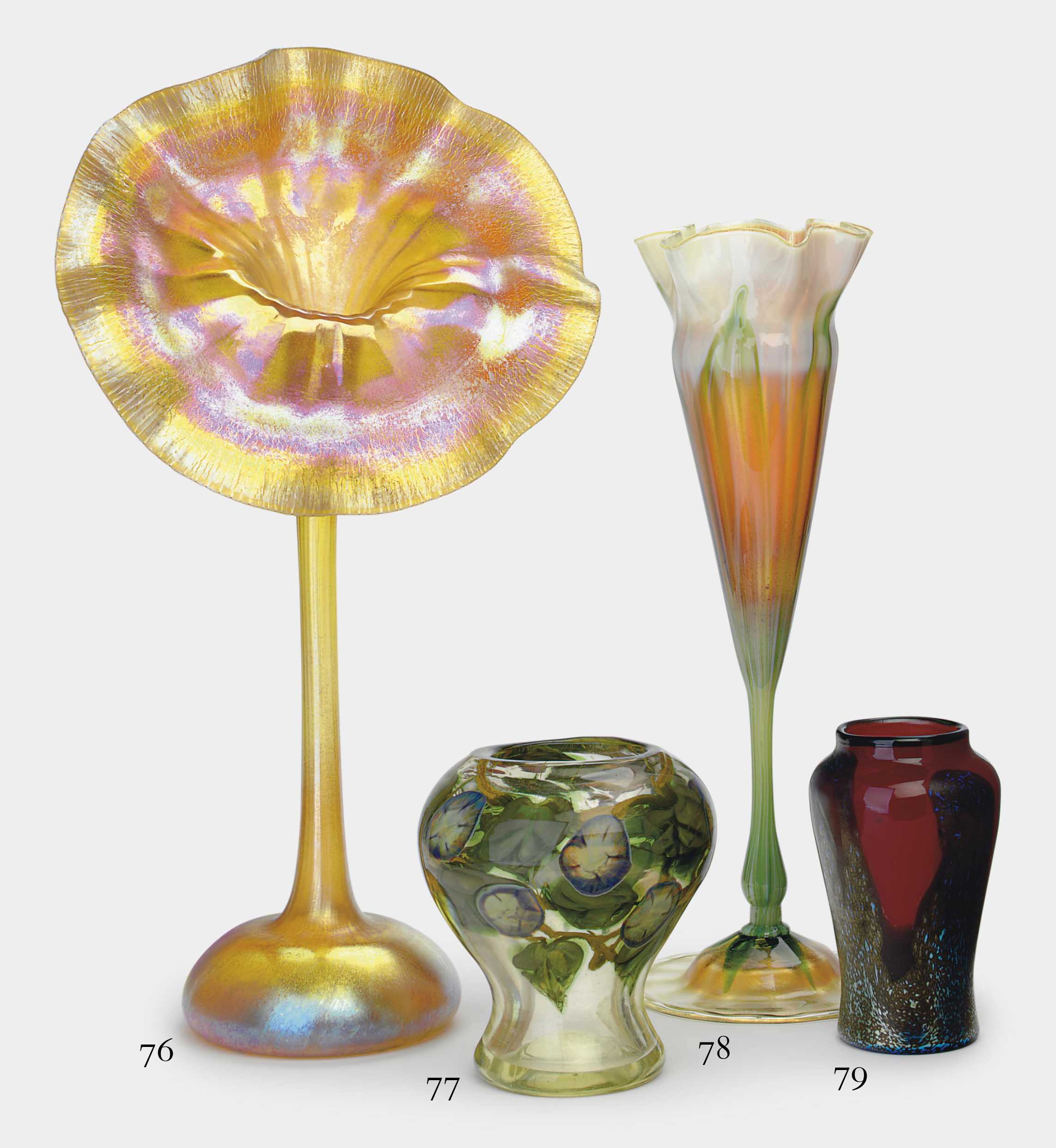 TIFFANY STUDIOS , A LEADED GLASS AND GILT-BRONZE CHANDELIER, CIRCA 1906 ...