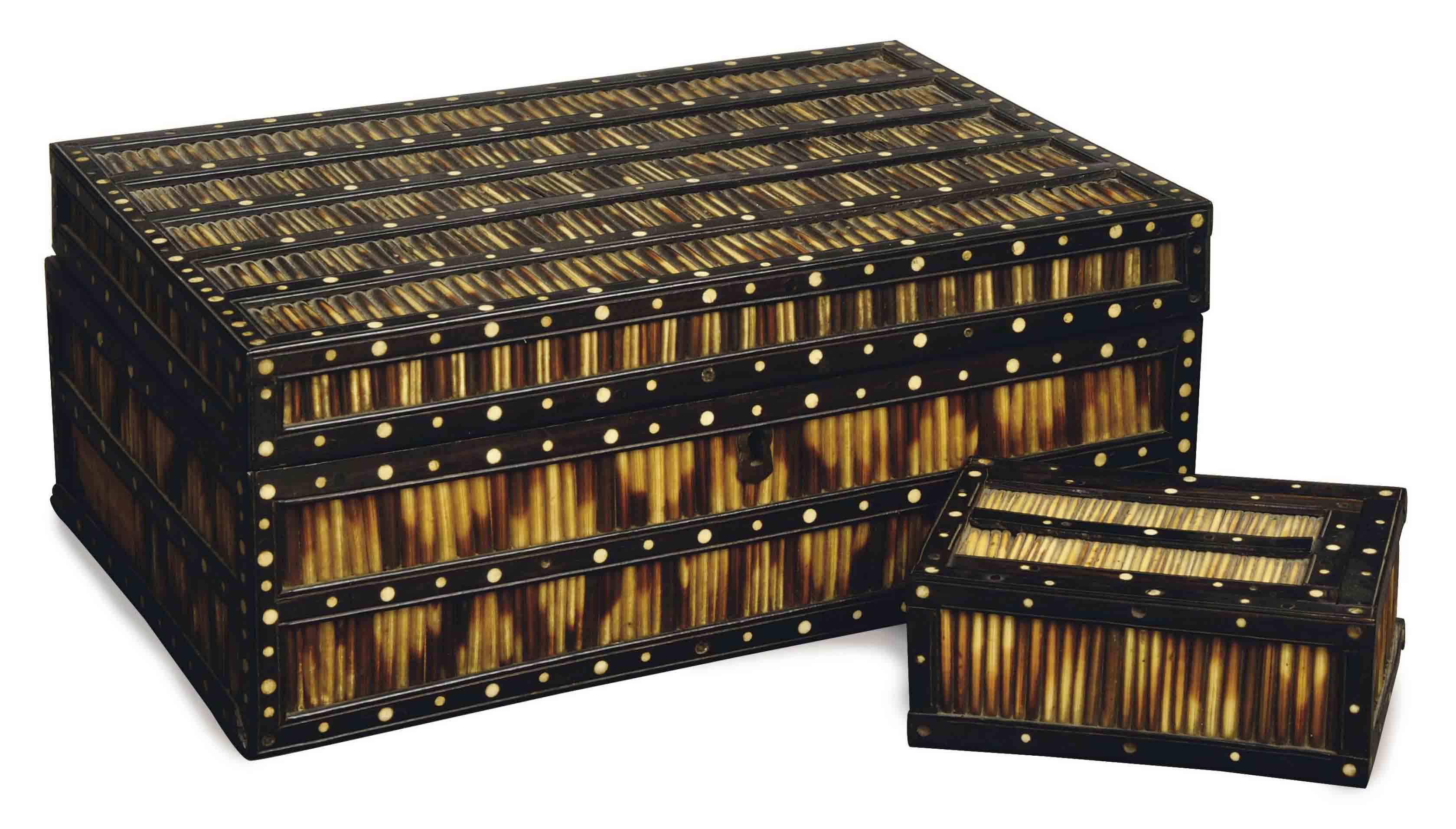 TWO ANGLO-INDIAN IVORY-STUDDED EBONY AND PORCUPINE QUILL BOXES,