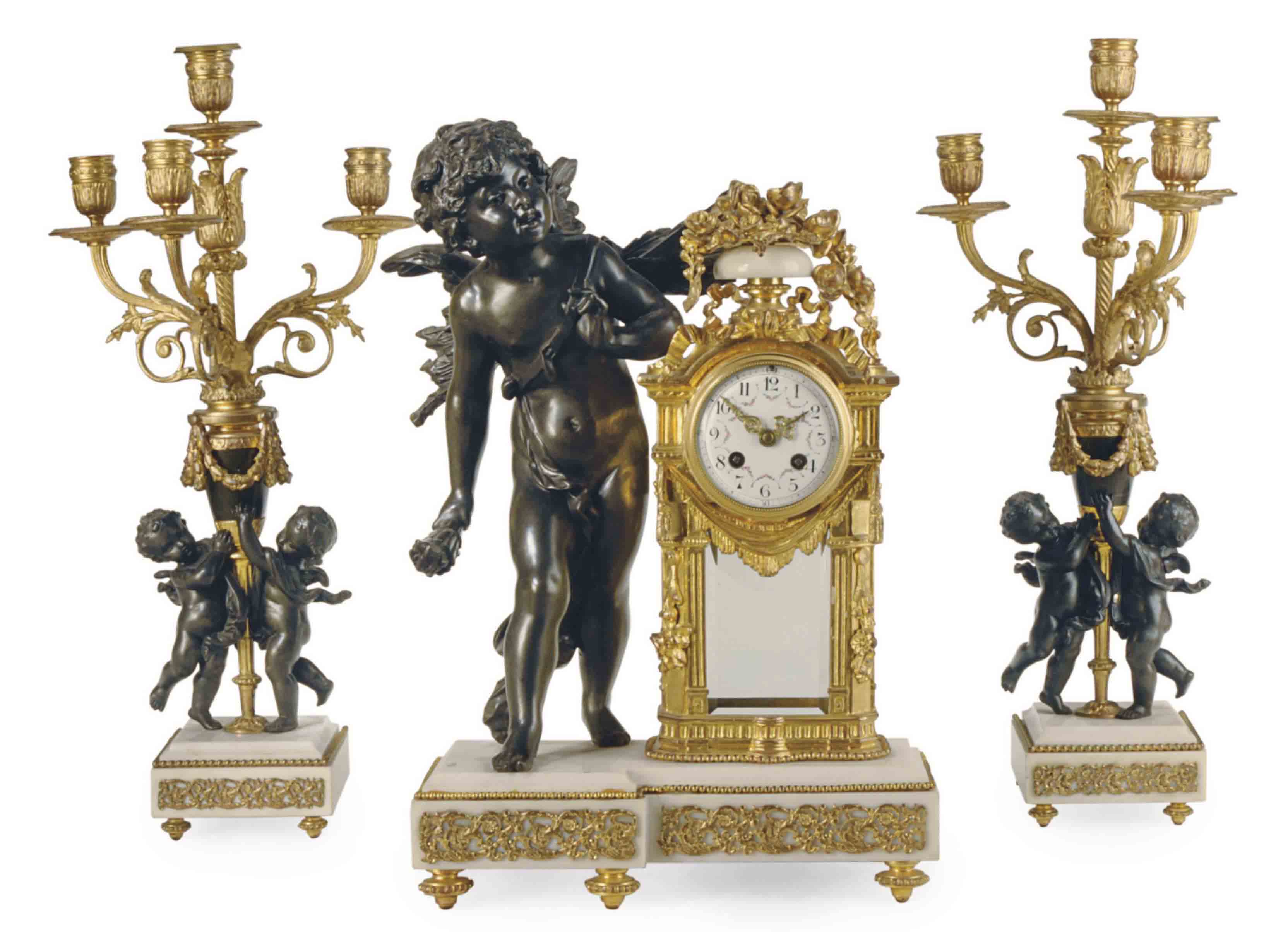 A PATINATED, GILT-METAL AND MARBLE THREE-PIECE CLOCK GARNITURE,