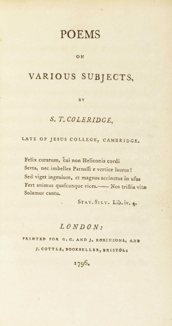 COLERIDGE, Samuel Taylor (1772-1834). Poems on Various Subjects. London ...