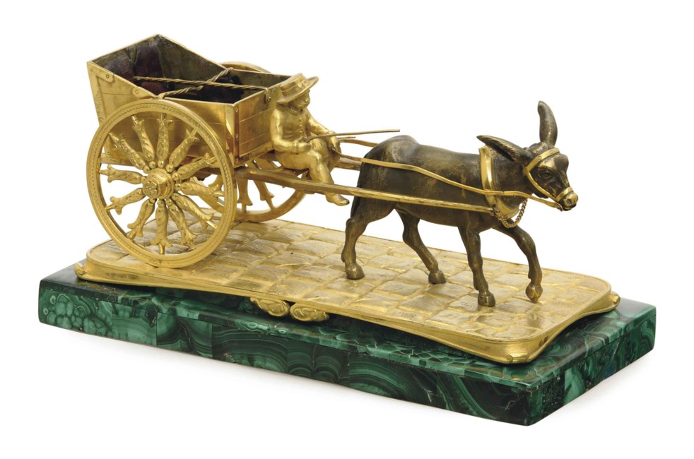 A GILT METAL MODEL OF A MULE CART ON A MALACHITE VENEER BASE, , 20TH ...