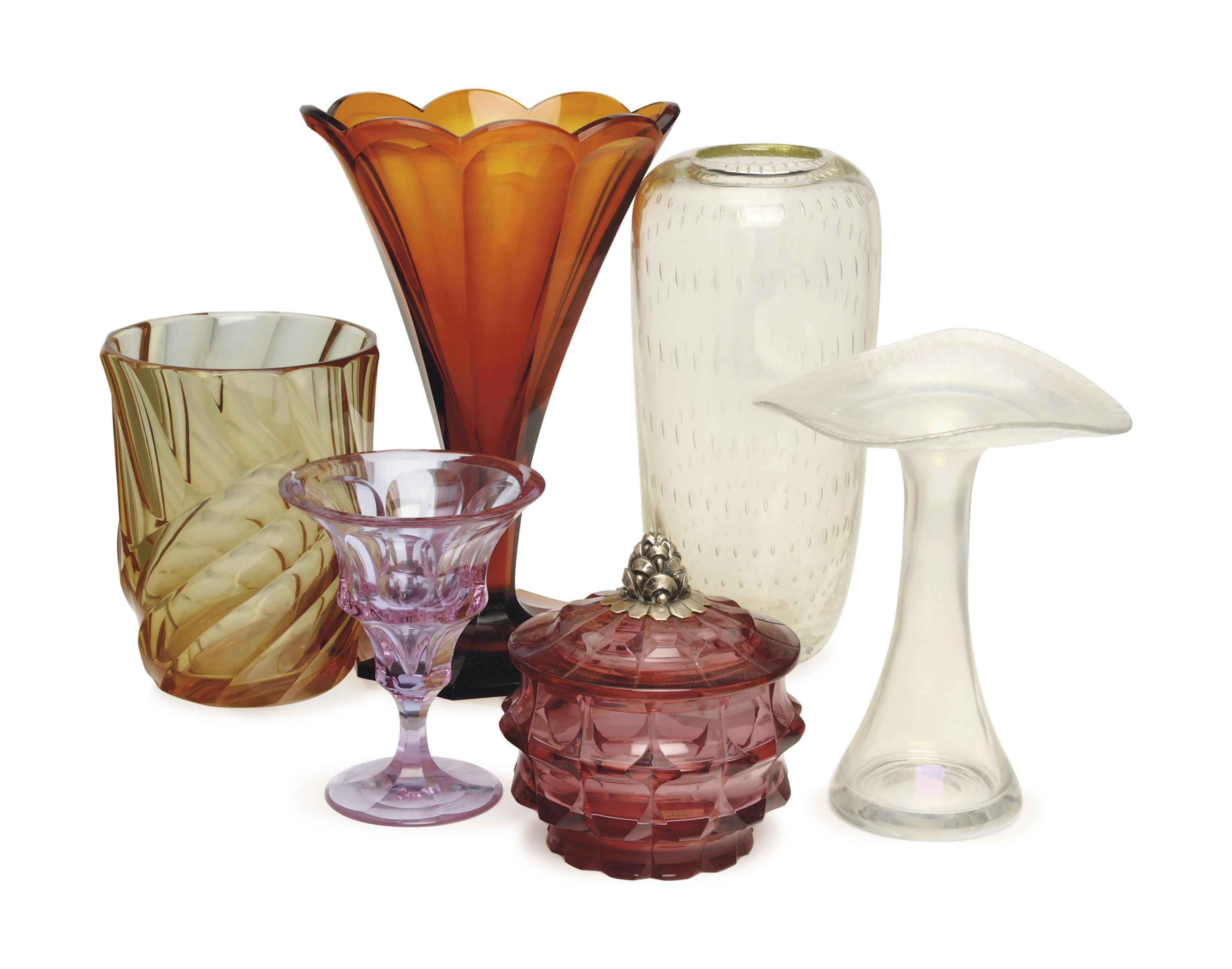 FOUR AUSTRIAN GLASS VESSELS AND TWO VASES,