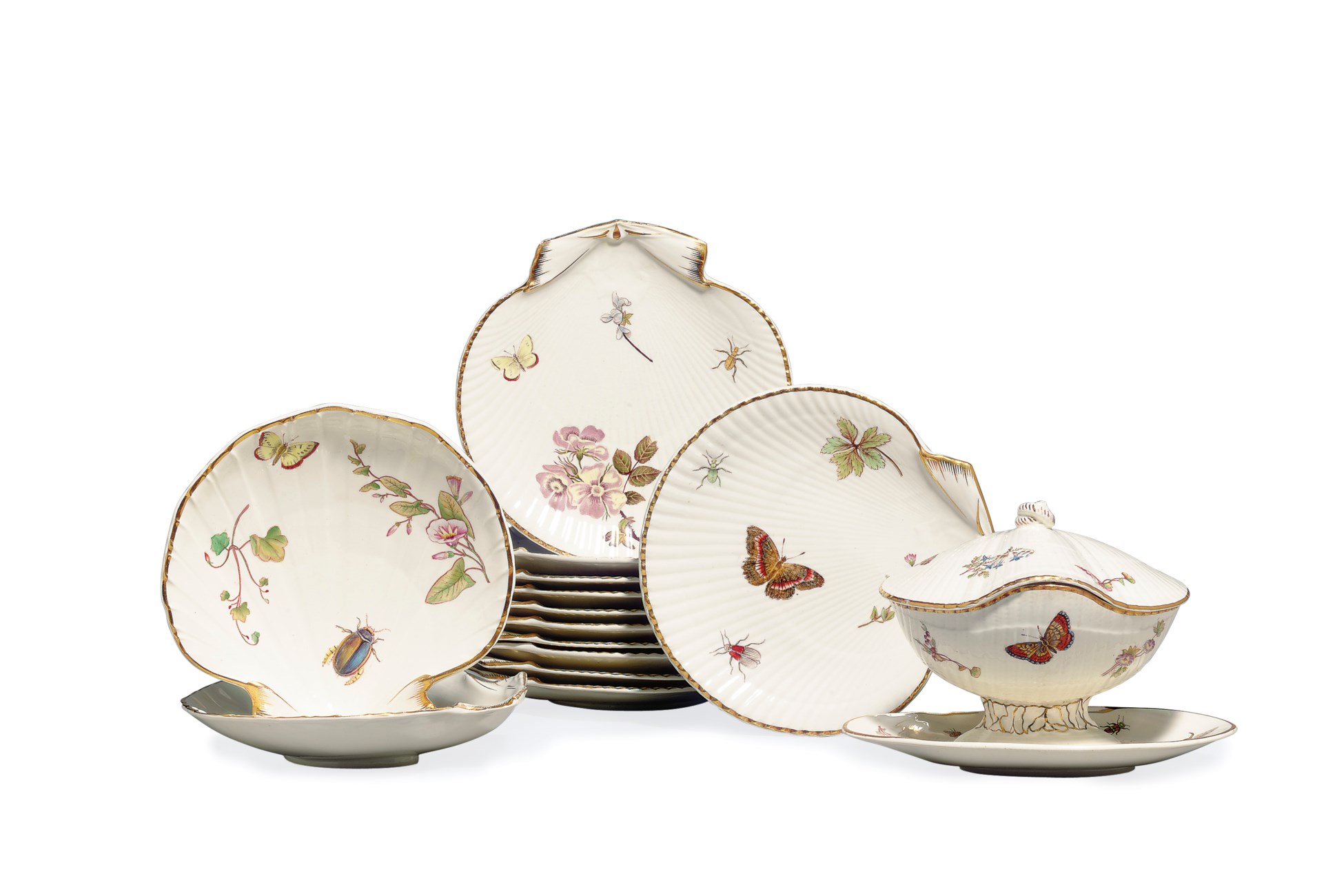 A ENGLISH QUEENSWARE 'WREATHED SHELL' DESSERT SERVICE , IMPRESSED ...