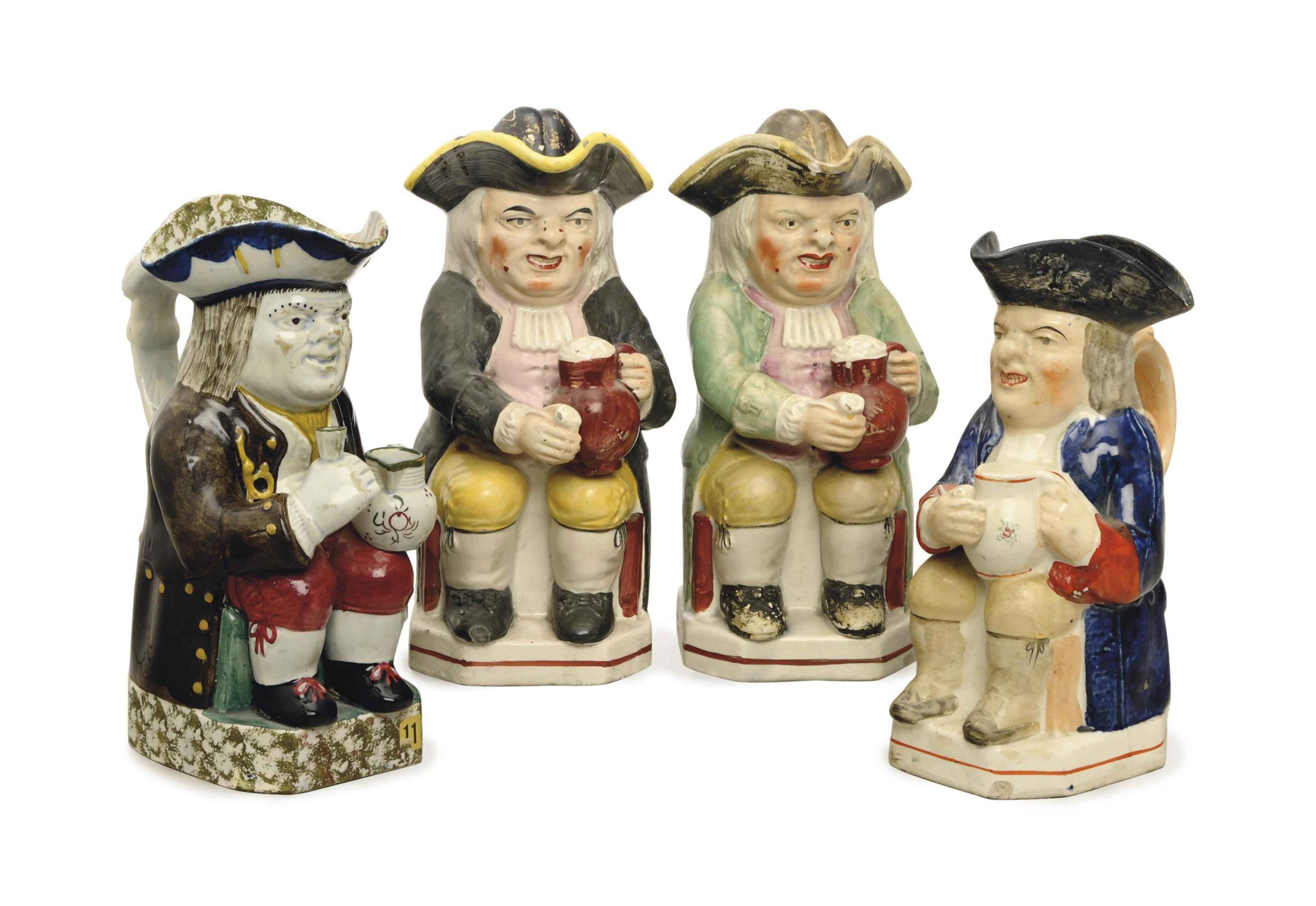 THREE STAFFORDSHIRE TOBY JUGS WITH TWO HAT CROWN COVERS, AND A SCOTTISH ...