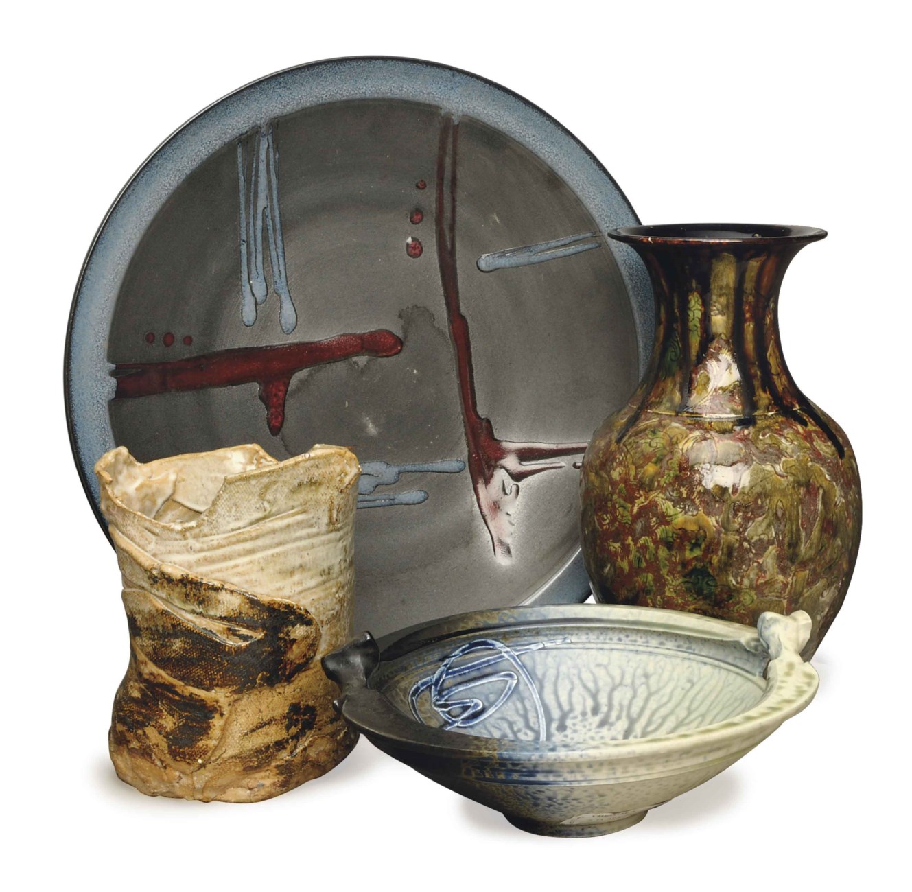 FOUR GLAZED CERAMIC VESSELS,