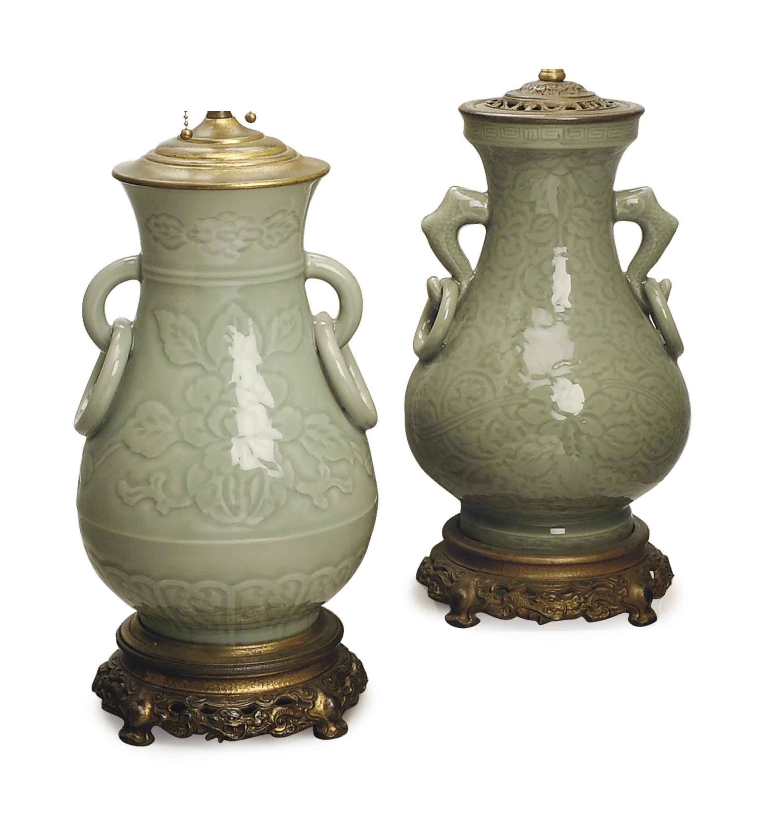 TWO CHINESE CELADON GLAZED VASES MOUNTED AS LAMPS,
