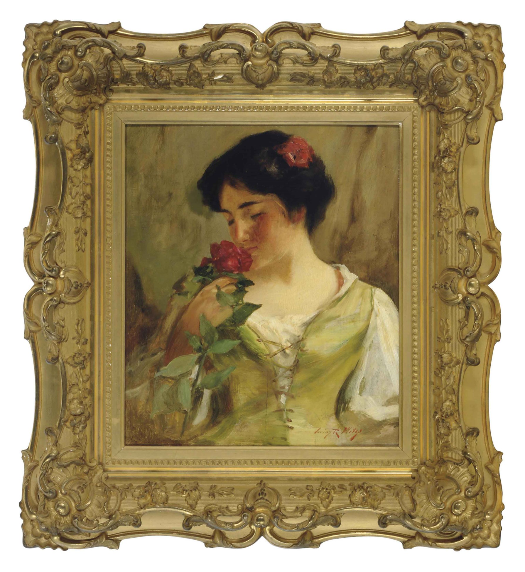 Irving Ramsey Wiles (American, 1861-1948) , A beauty smelling a rose ...
