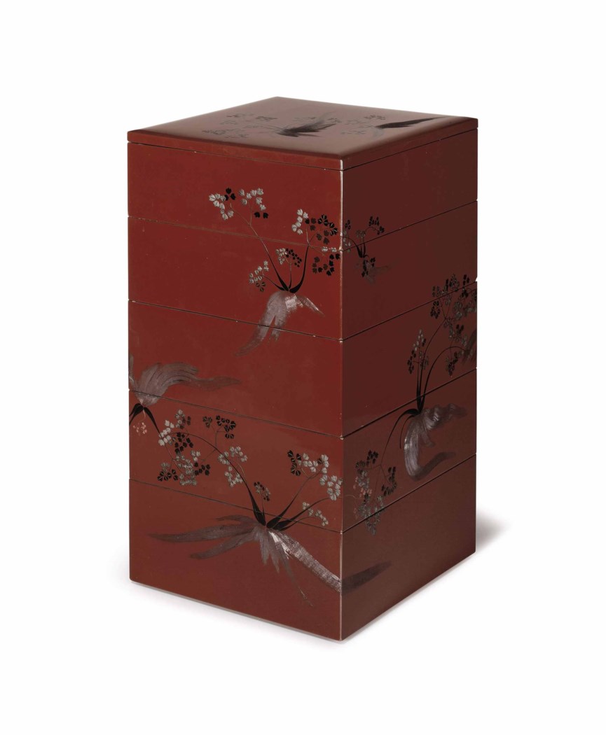 A five-tiered red-lacquer food container (jubako) , MEIJI PERIOD (LATE ...