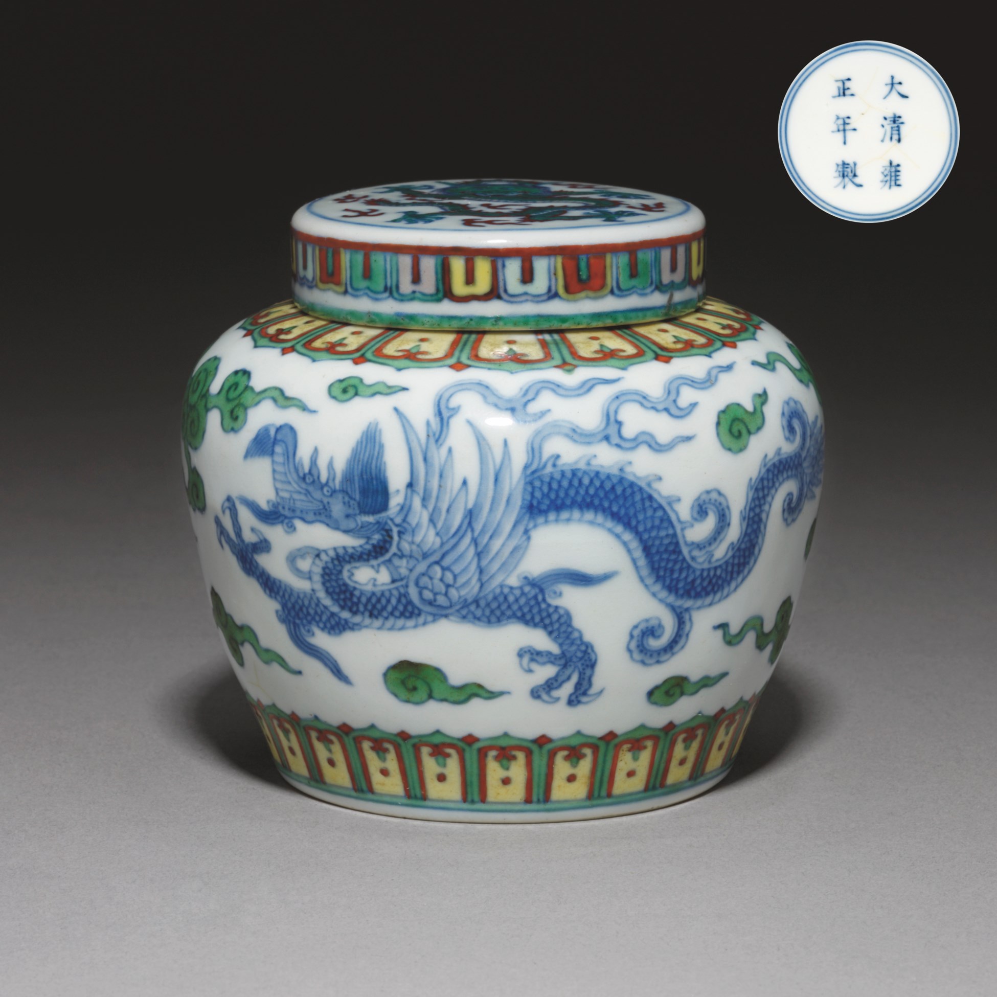 A RARE MING-STYLE DOUCAI JAR AND A COVER , YONGZHENG SIX-CHARACTER MARK ...