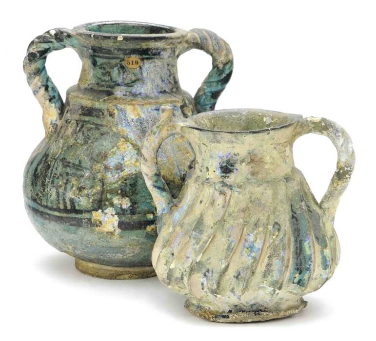 TWO SYRIAN RAQQA TURQUOISED GLAZED POTTERY VASES,