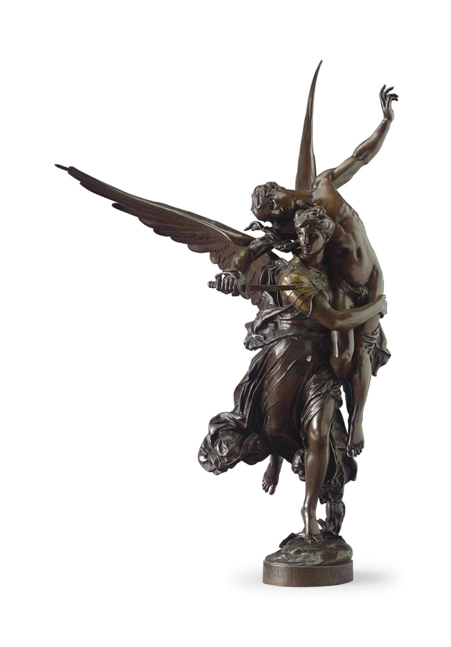 A FRENCH PATINATED BRONZE FIGURAL GROUP ENTITLED 'GLORIA VICTIS' , CAST ...