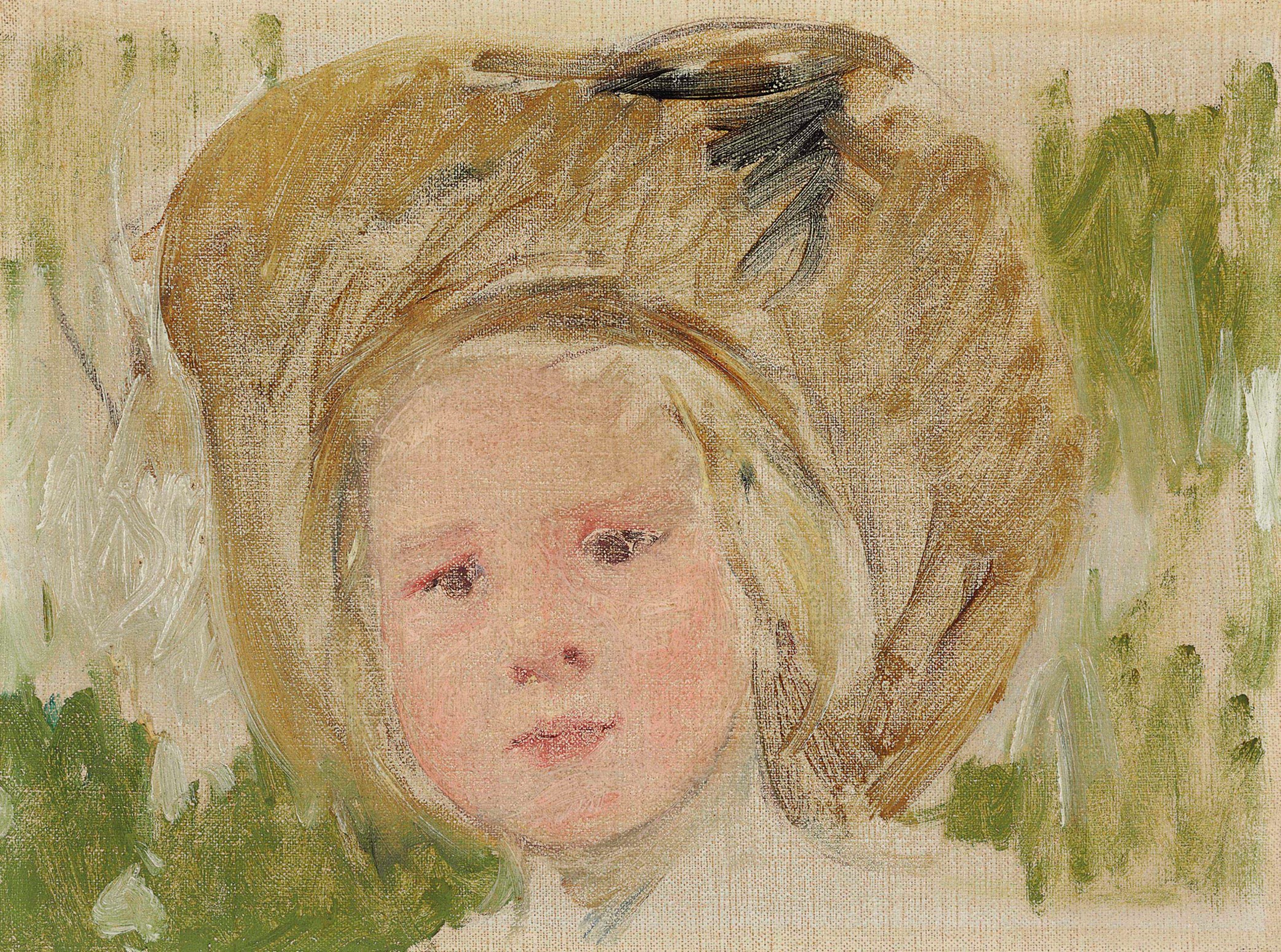 Mary Cassatt (1844-1926) , Sketch of Head of a Girl in a Hat with a ...
