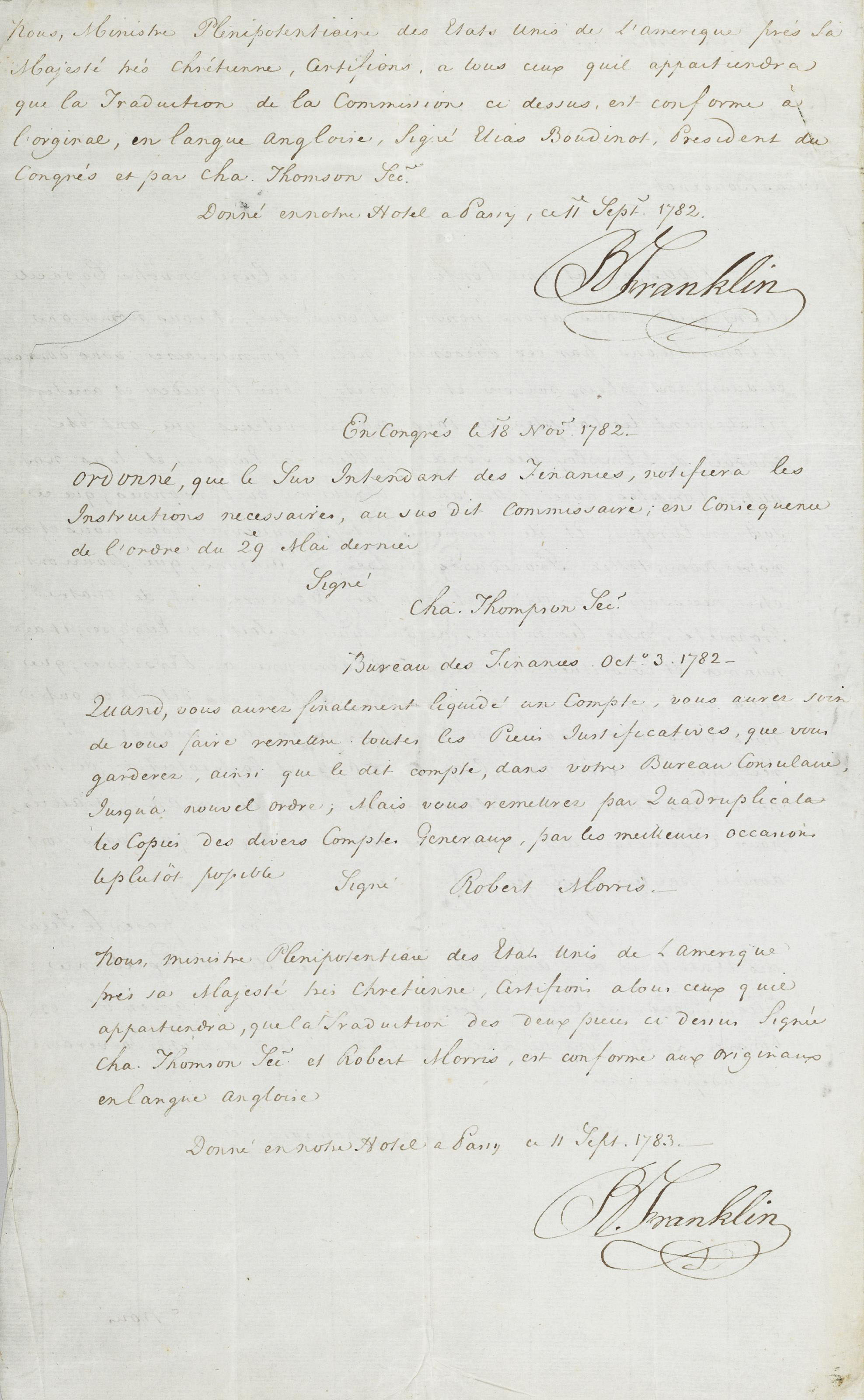 FRANKLIN, Benjamin. Document signed twice ("B. Franklin"), Passy, 11 ...